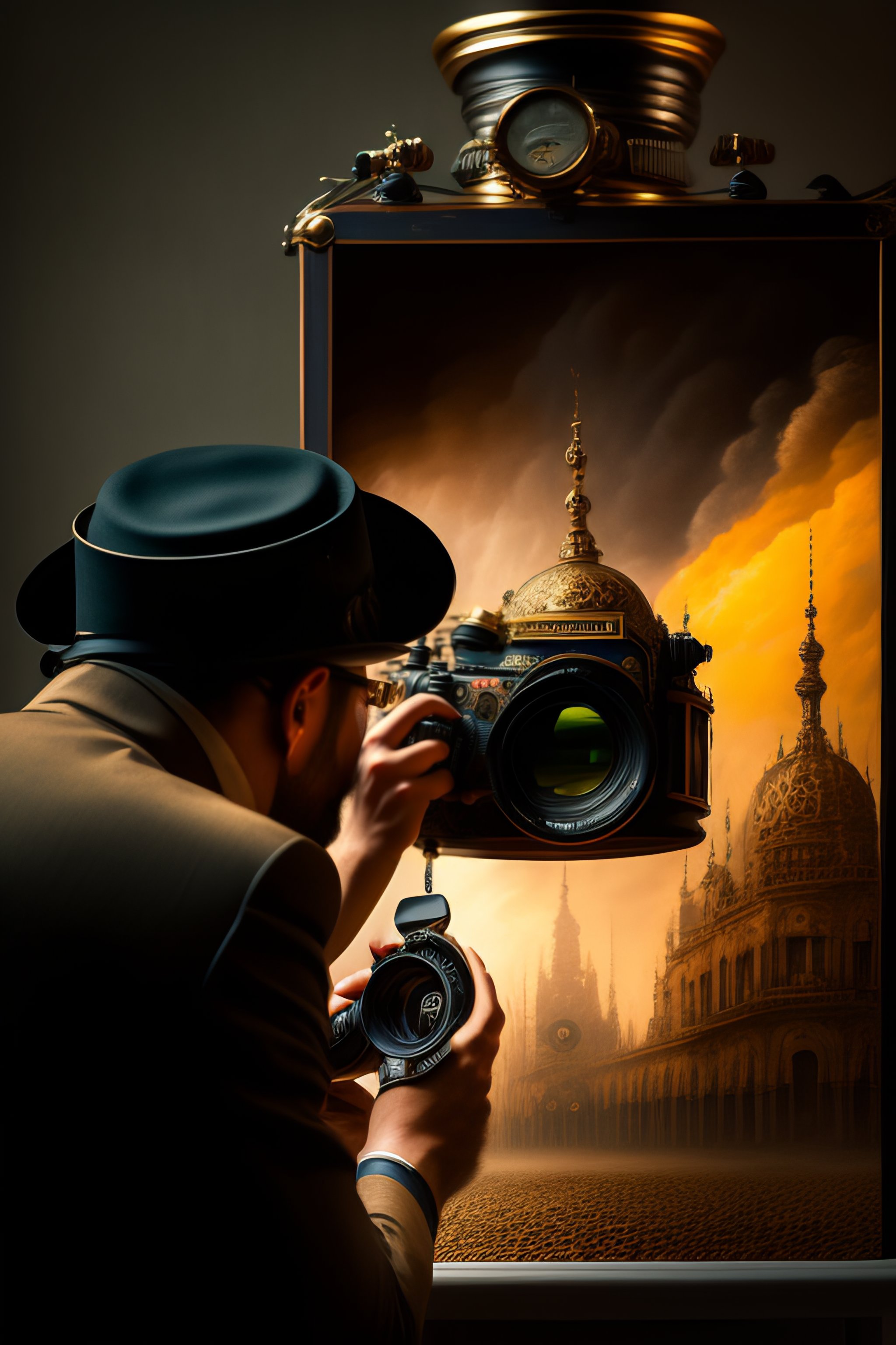 Lexica - Photographer looking through camera, steampunk, painted by Goya