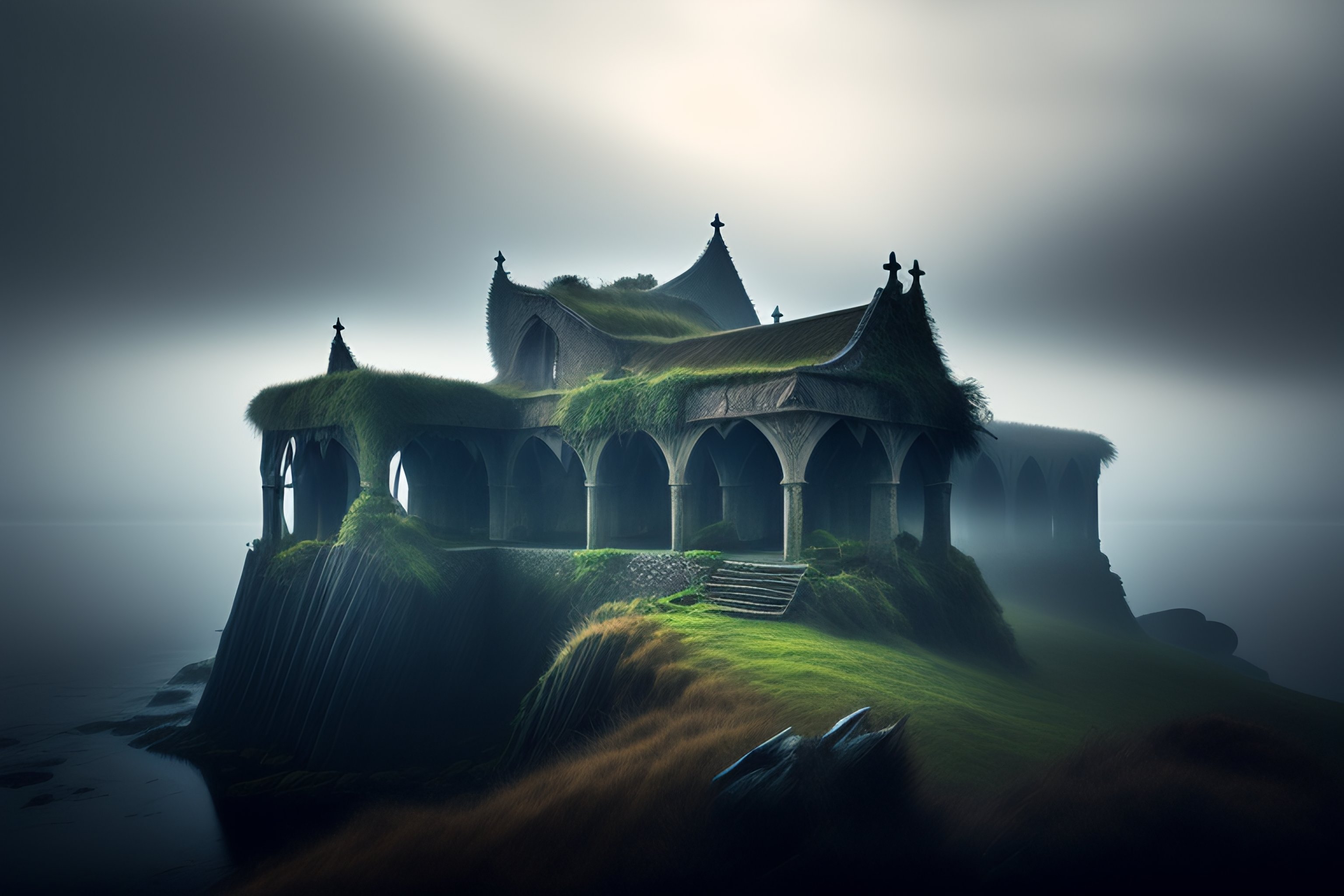 Lexica - Avalon landscape, fog, ruin moot, dramatic lighting, dark fantasy,