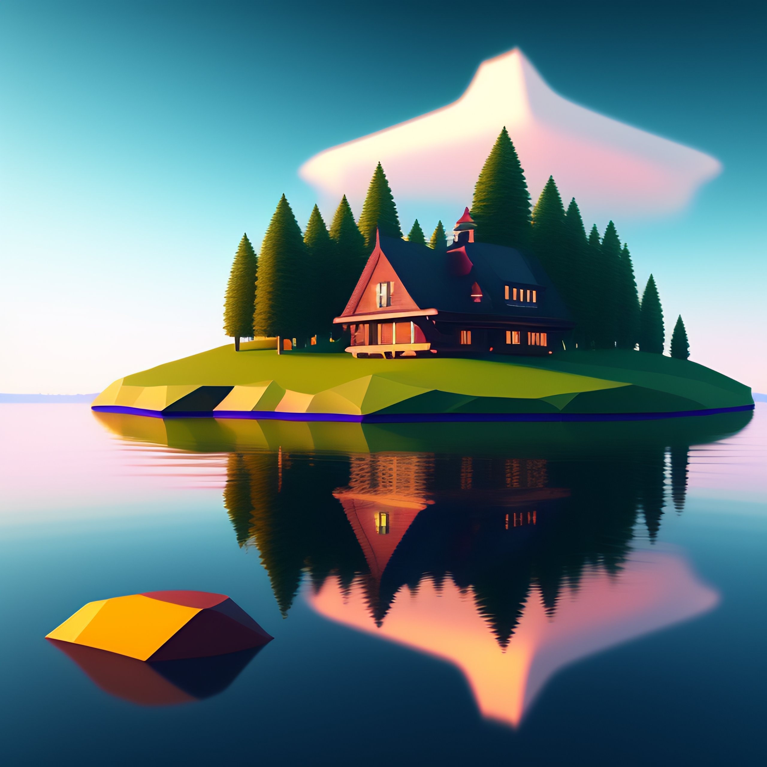 Lexica - Low poly little house side lake