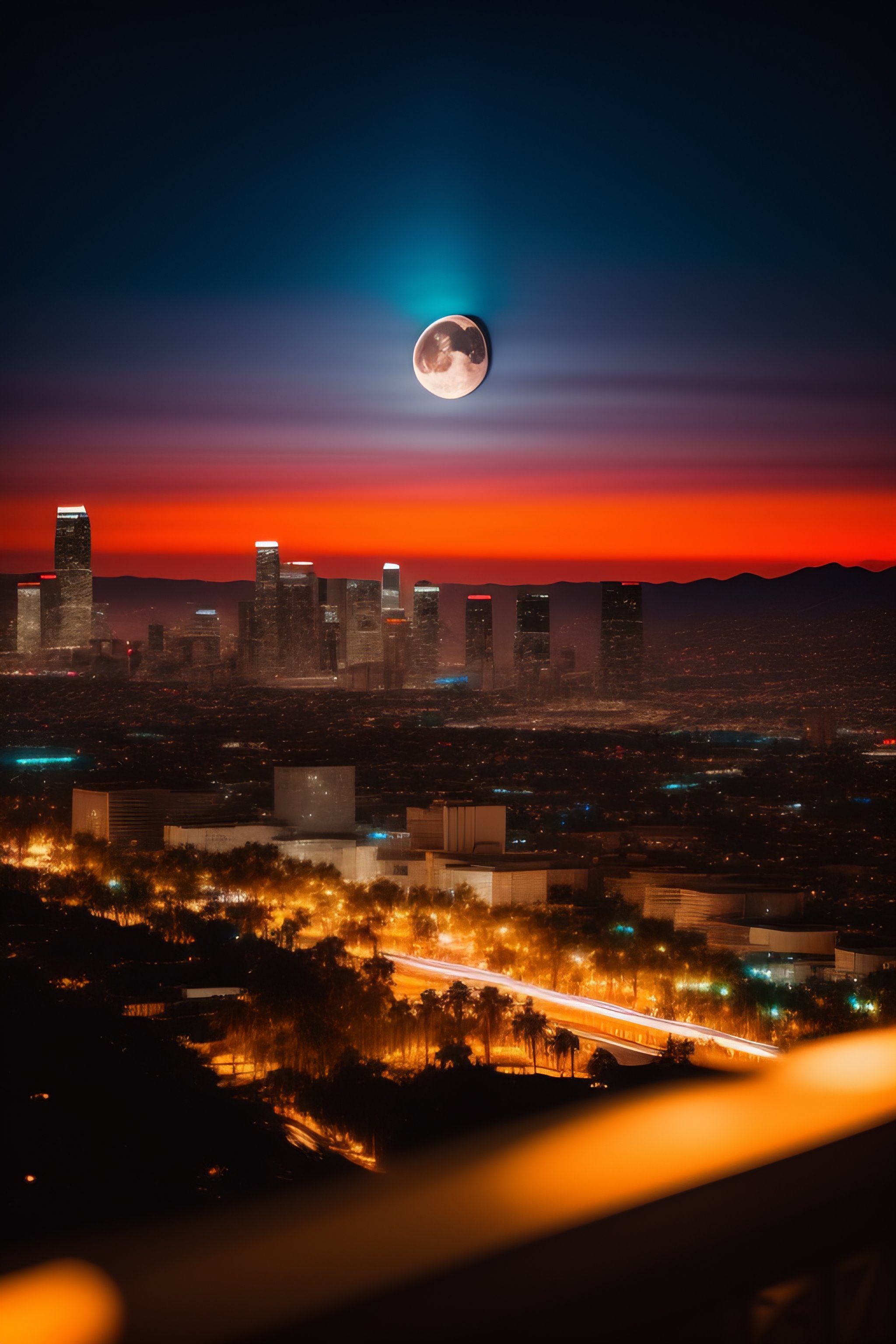 Lexica - The moon hangs low in the sky over downtown los angeles, dusk ...