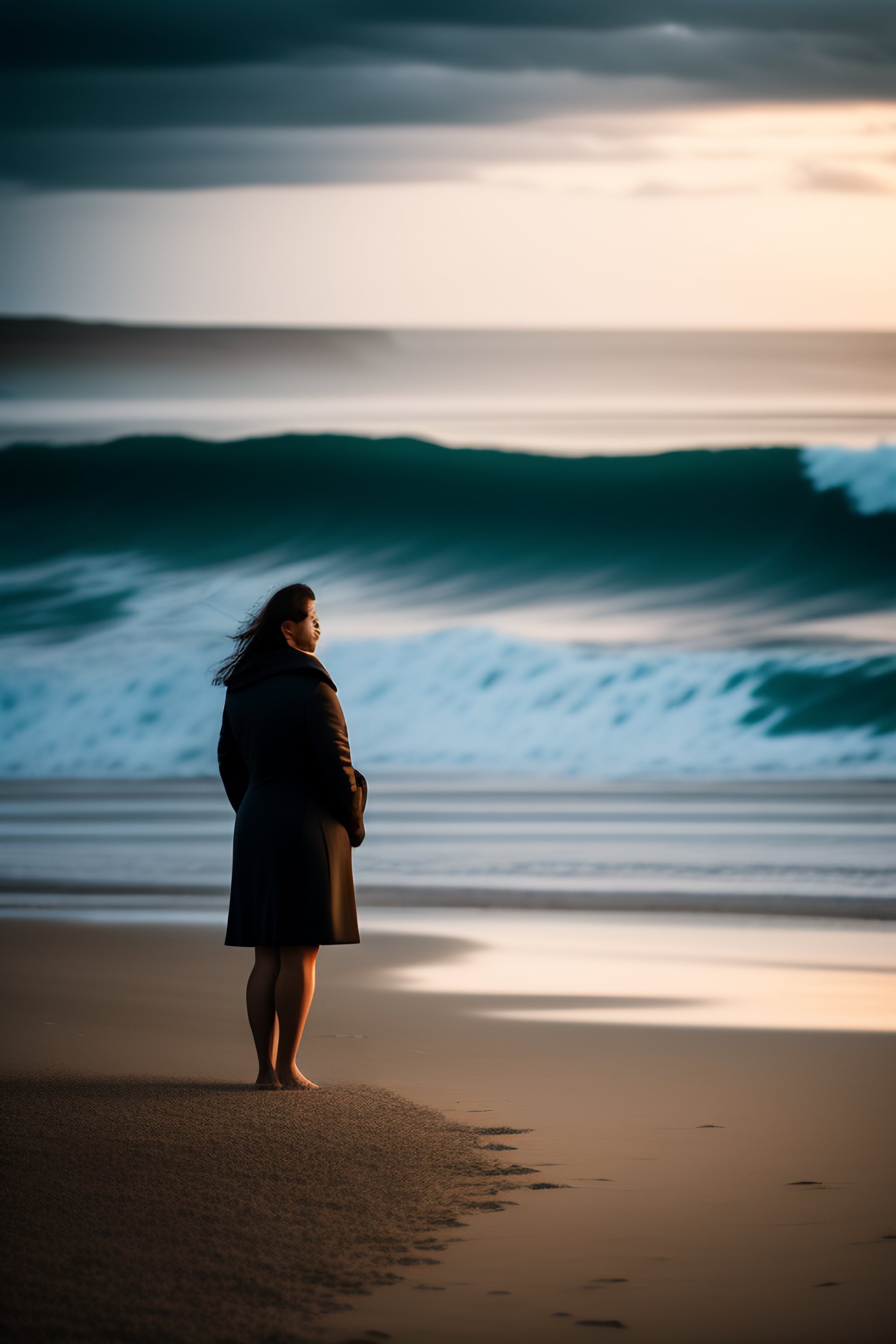 Lexica - This photograph shows a woman standing on a deserted beach ...