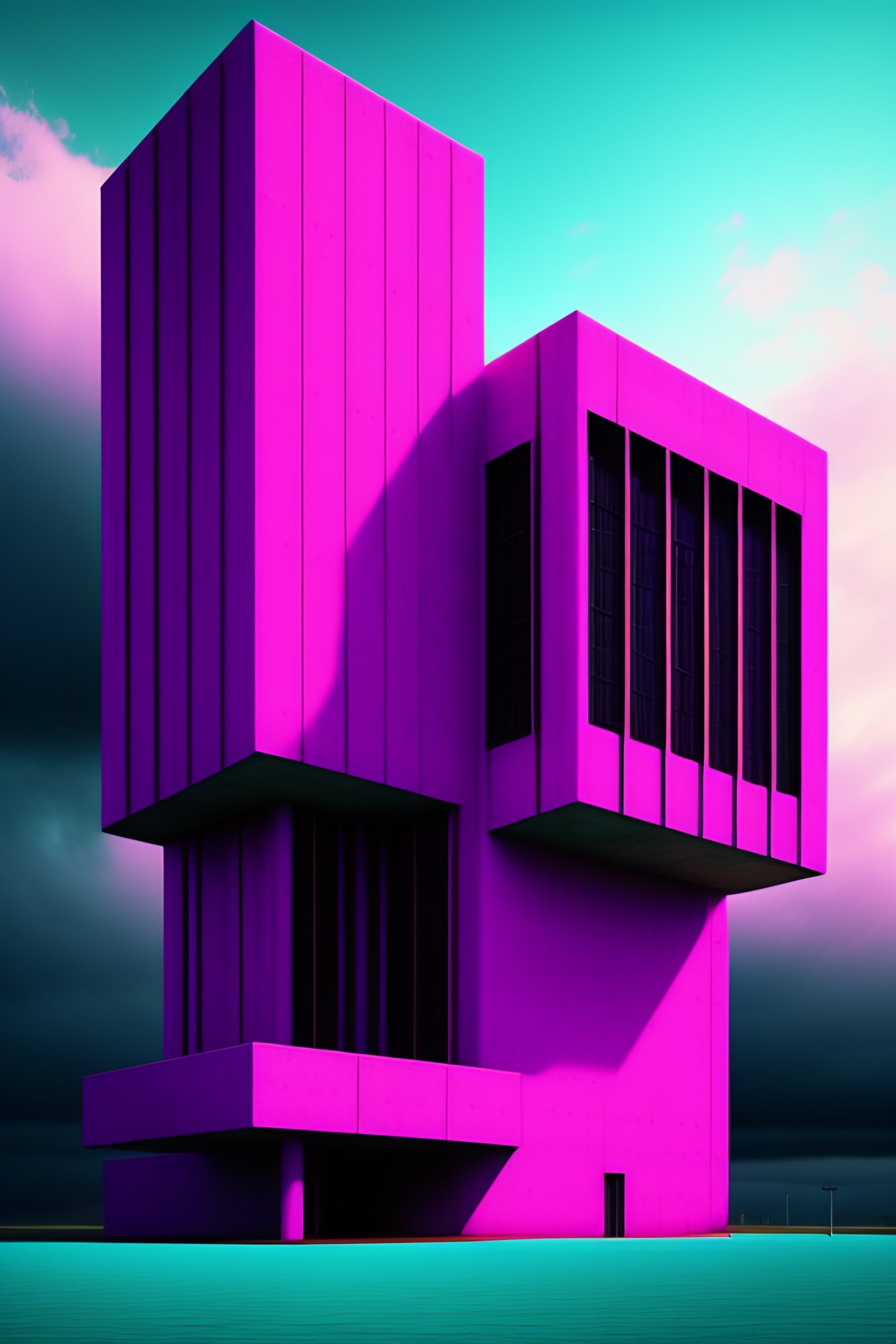Lexica - A photo of a brutalist building with accents of pink and cyan ...