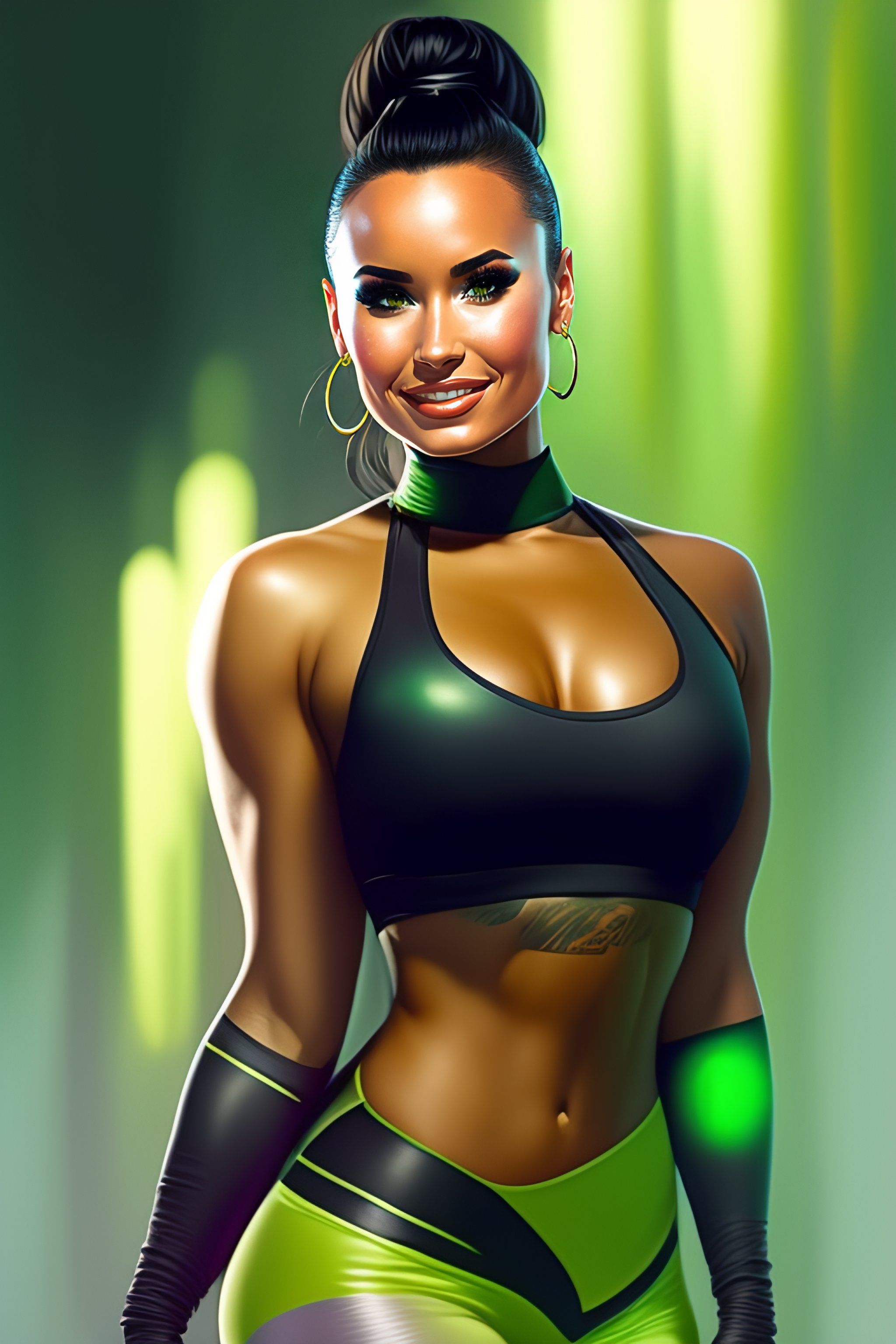 Lexica - Demi Lovato as green fitness instructor from behind, Smiling, full body realistic ...