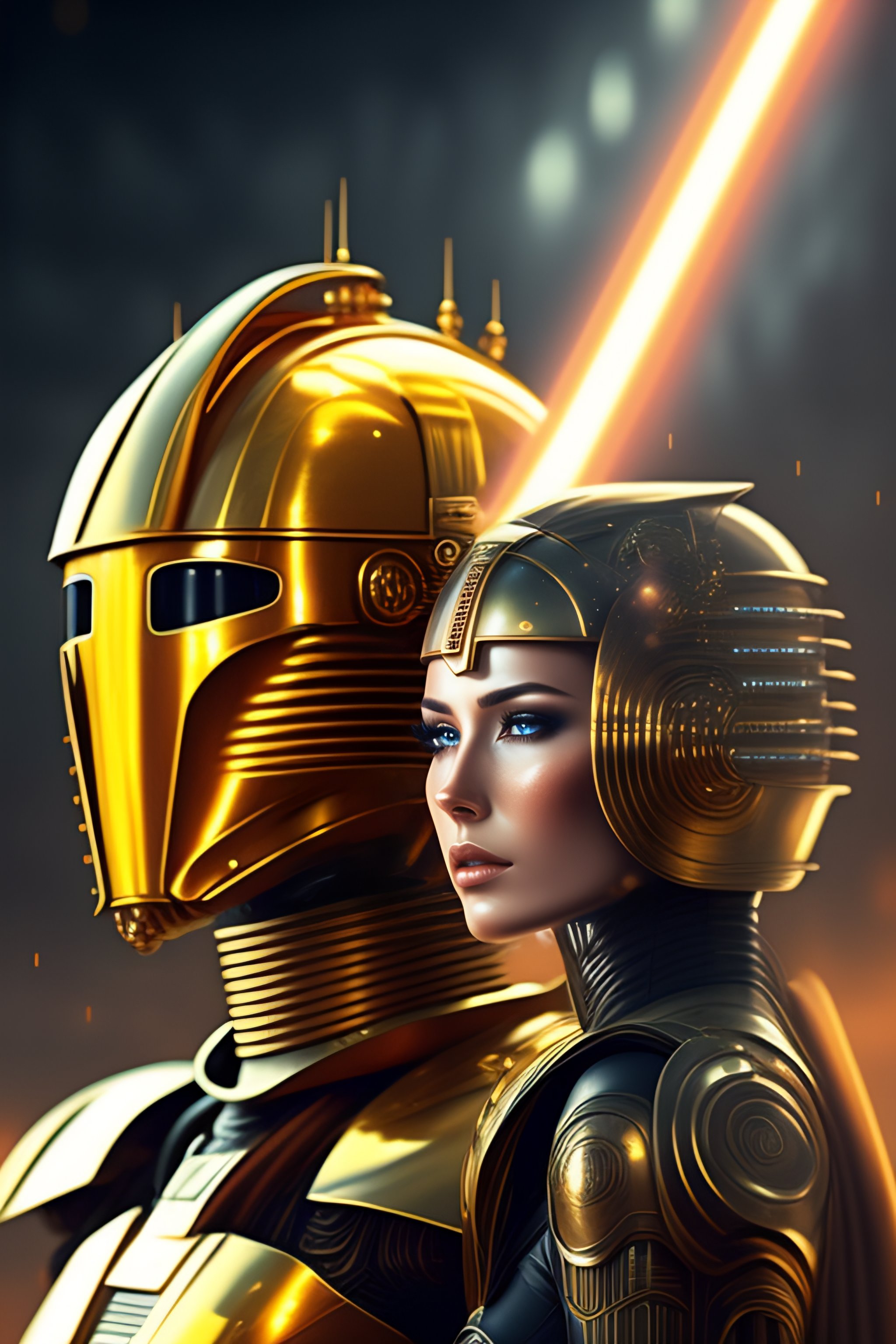 Lexica - Robot illustration with male and female face, cinematic lightning, like c3po star wars