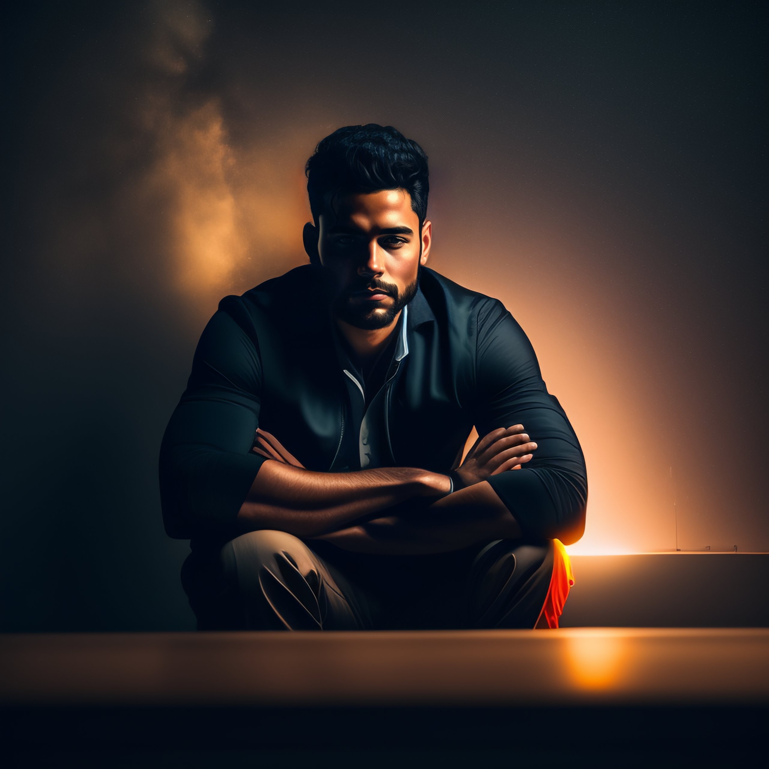 Lexica - A man sitting on with pitch-black background