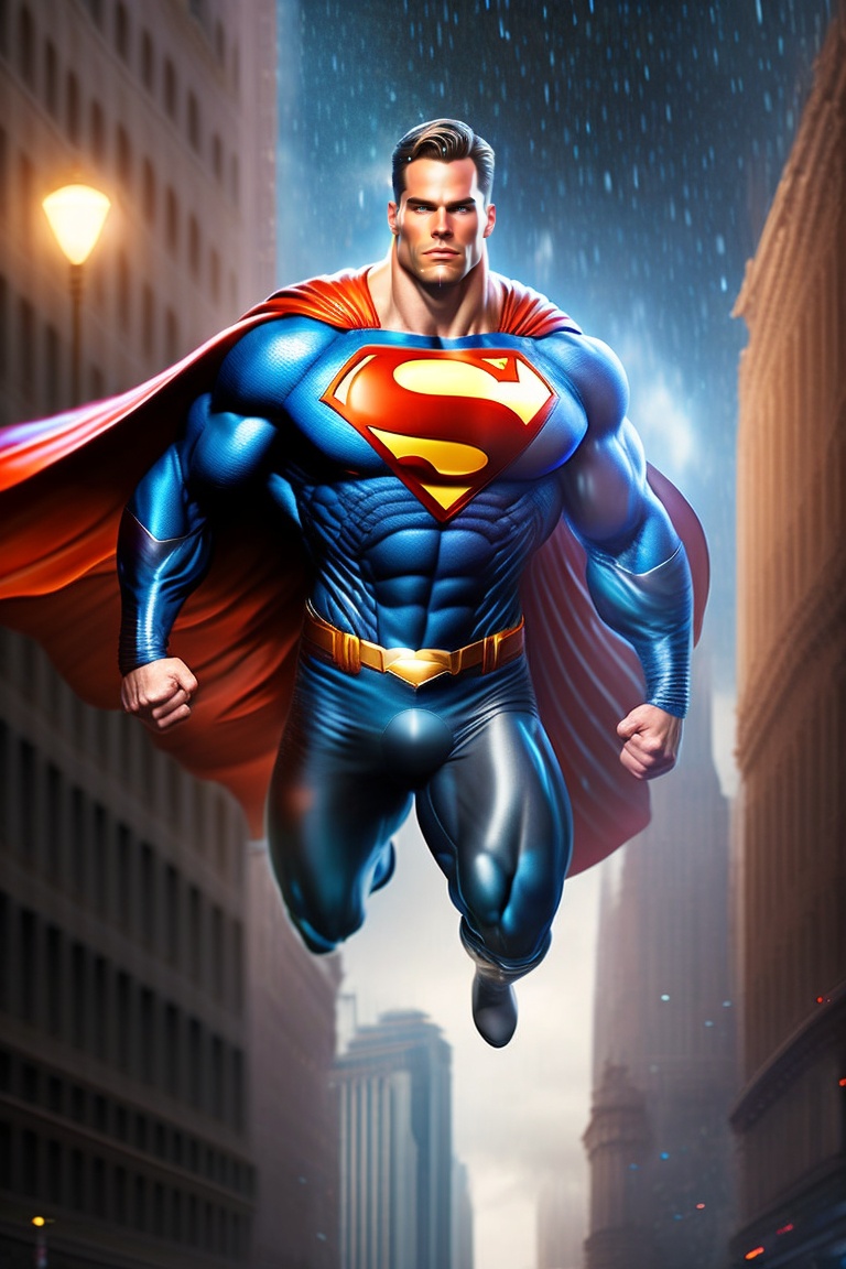 Lexica - Superman floating above the City, rainy night, realistic art ...