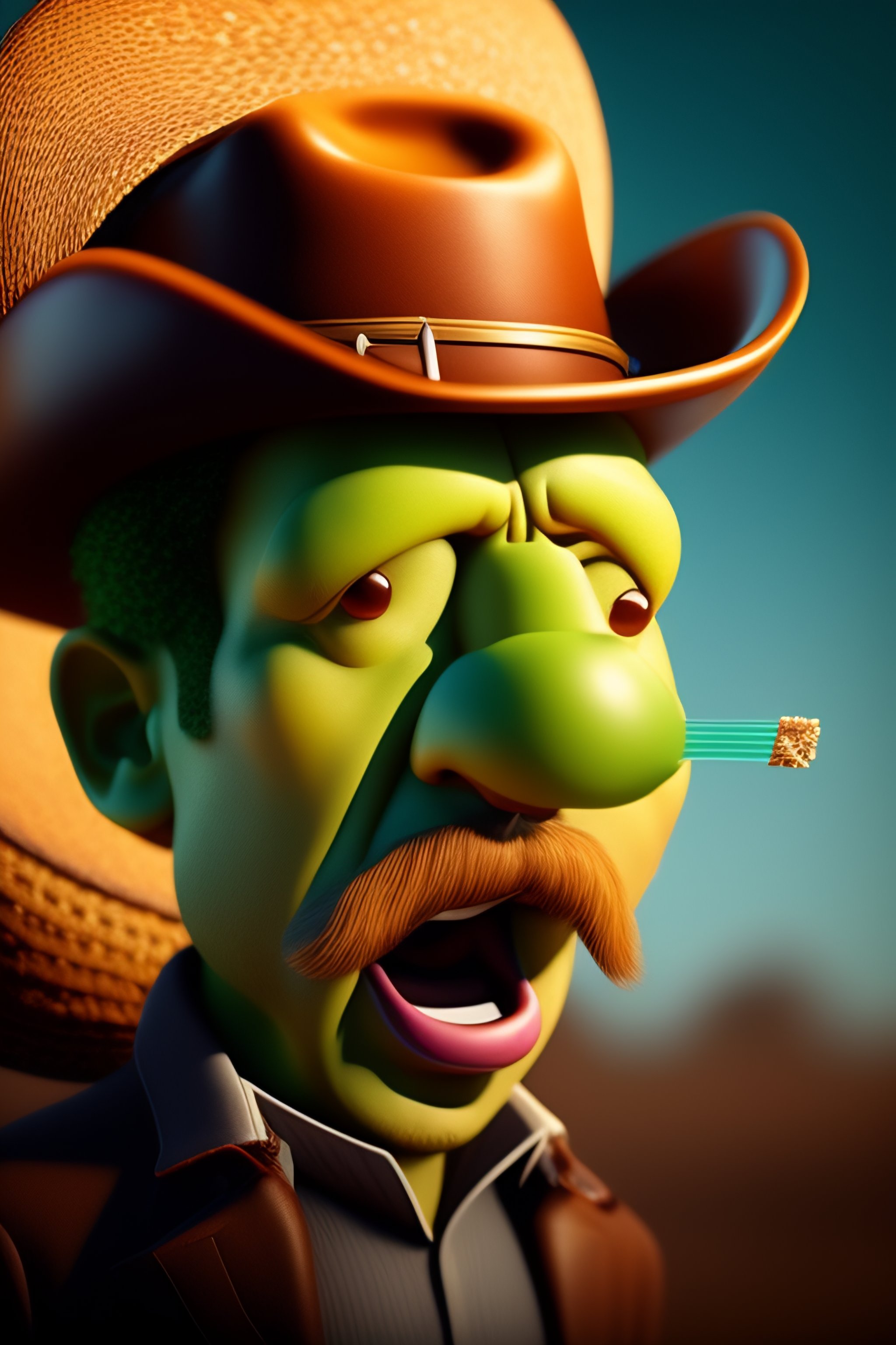 Lexica - A rounded head cartoony character with a cowboy hat chewing a ...