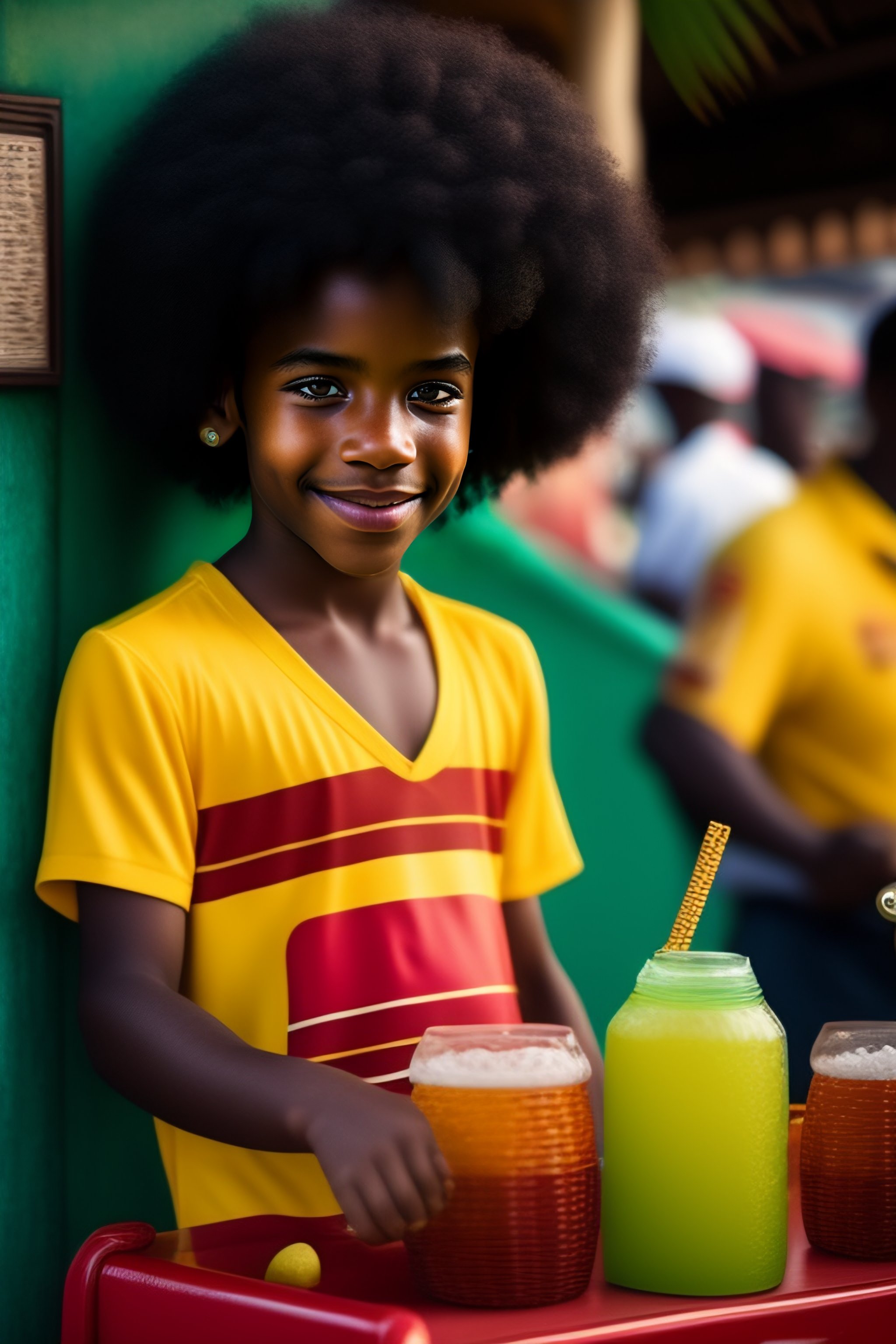 Lexica - Retro afro boy selling caipirinha in Brazilian kiosk