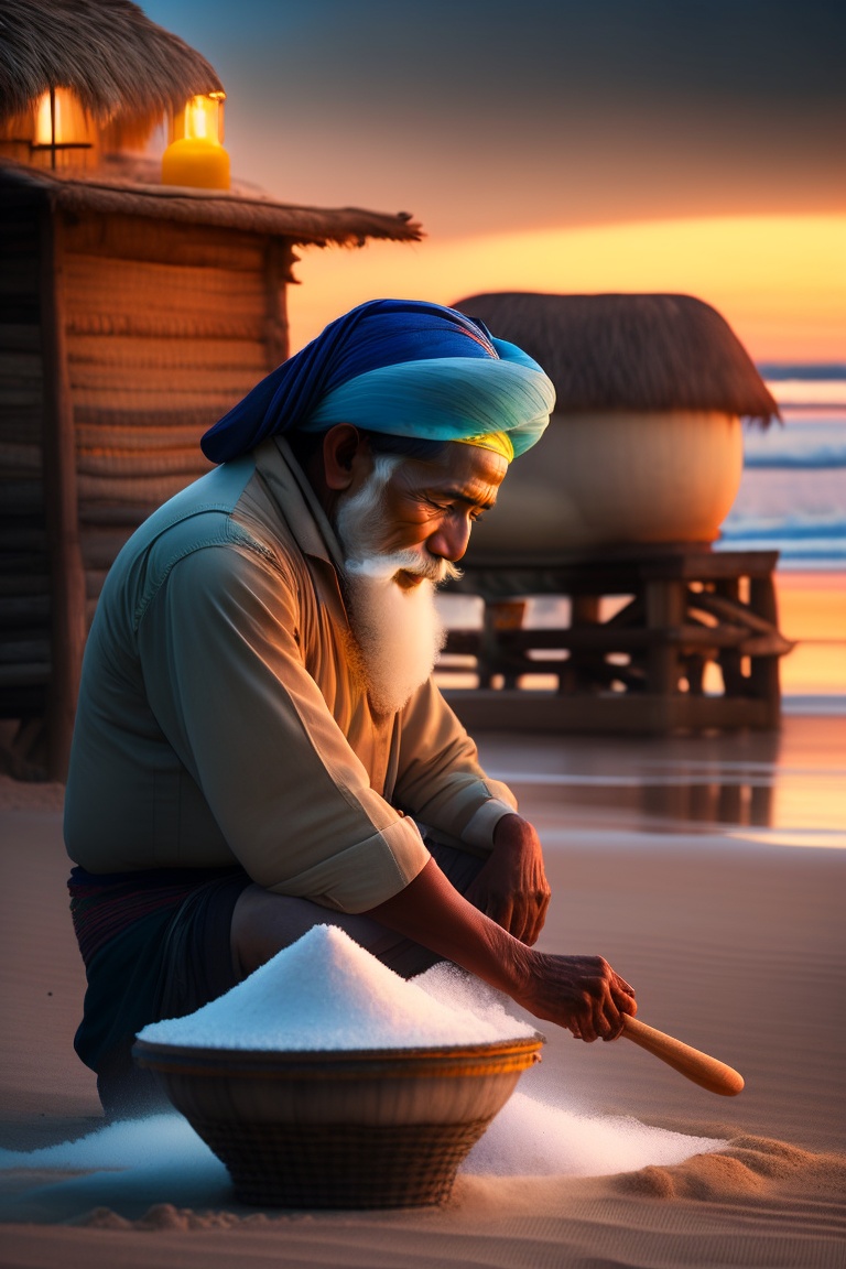 Lexica - Traditional salt maker on the beach, cinematic