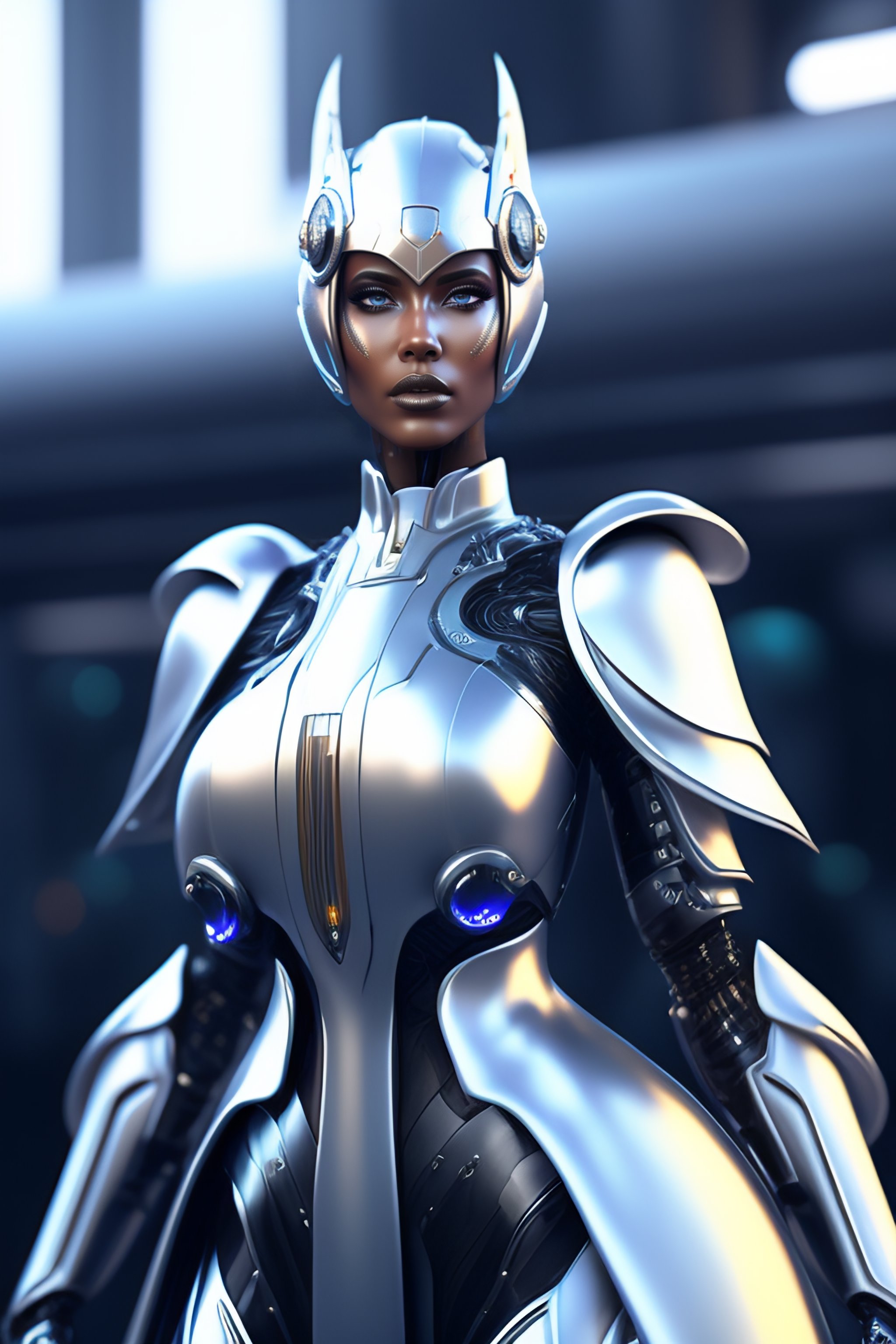 Lexica - Futuristic androgyn metal robot, with a silver white long ...