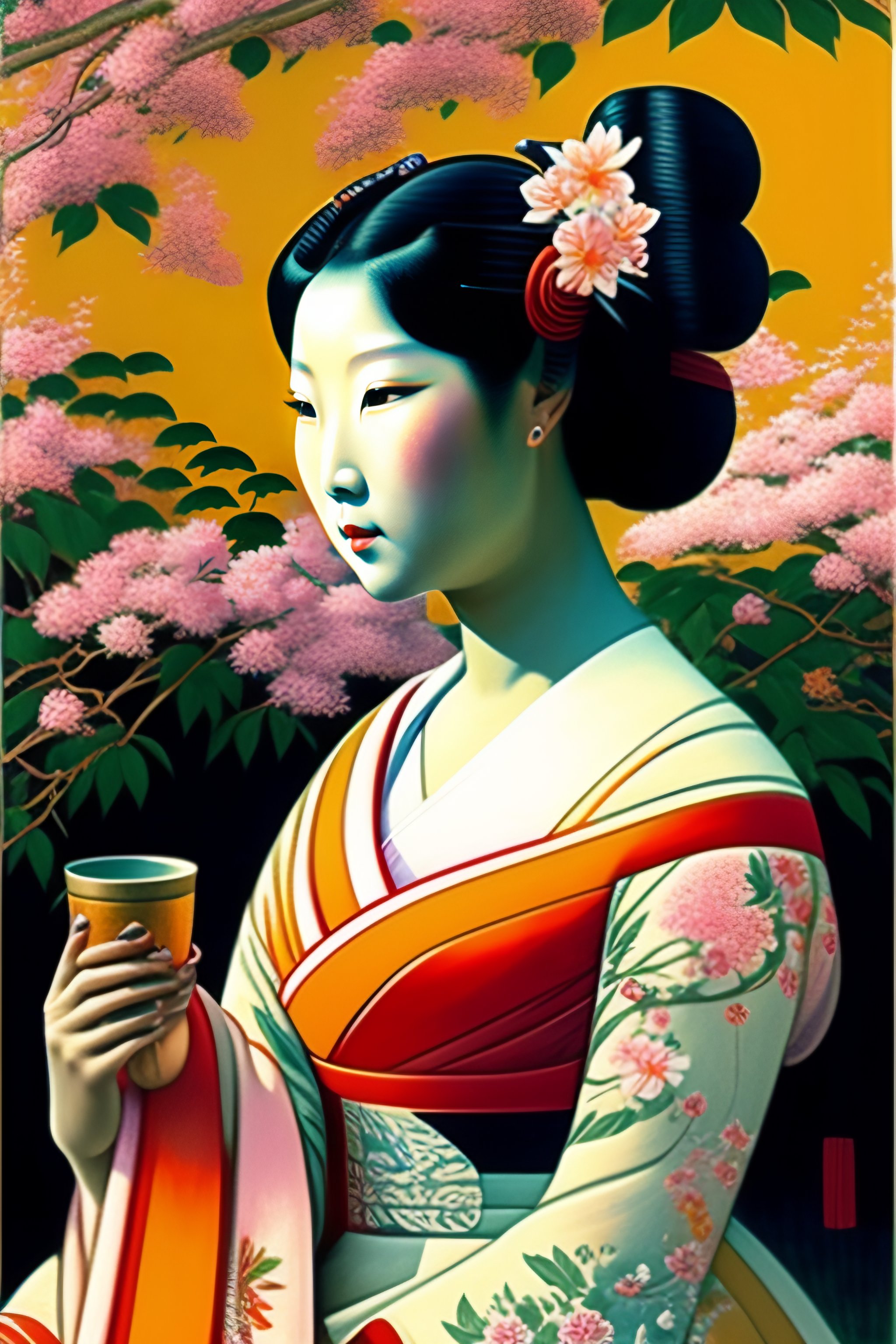 Lexica - LINE DRAWING OF A GEISHA WITH DELICATE HANDS HOLDING A CUP OF ...