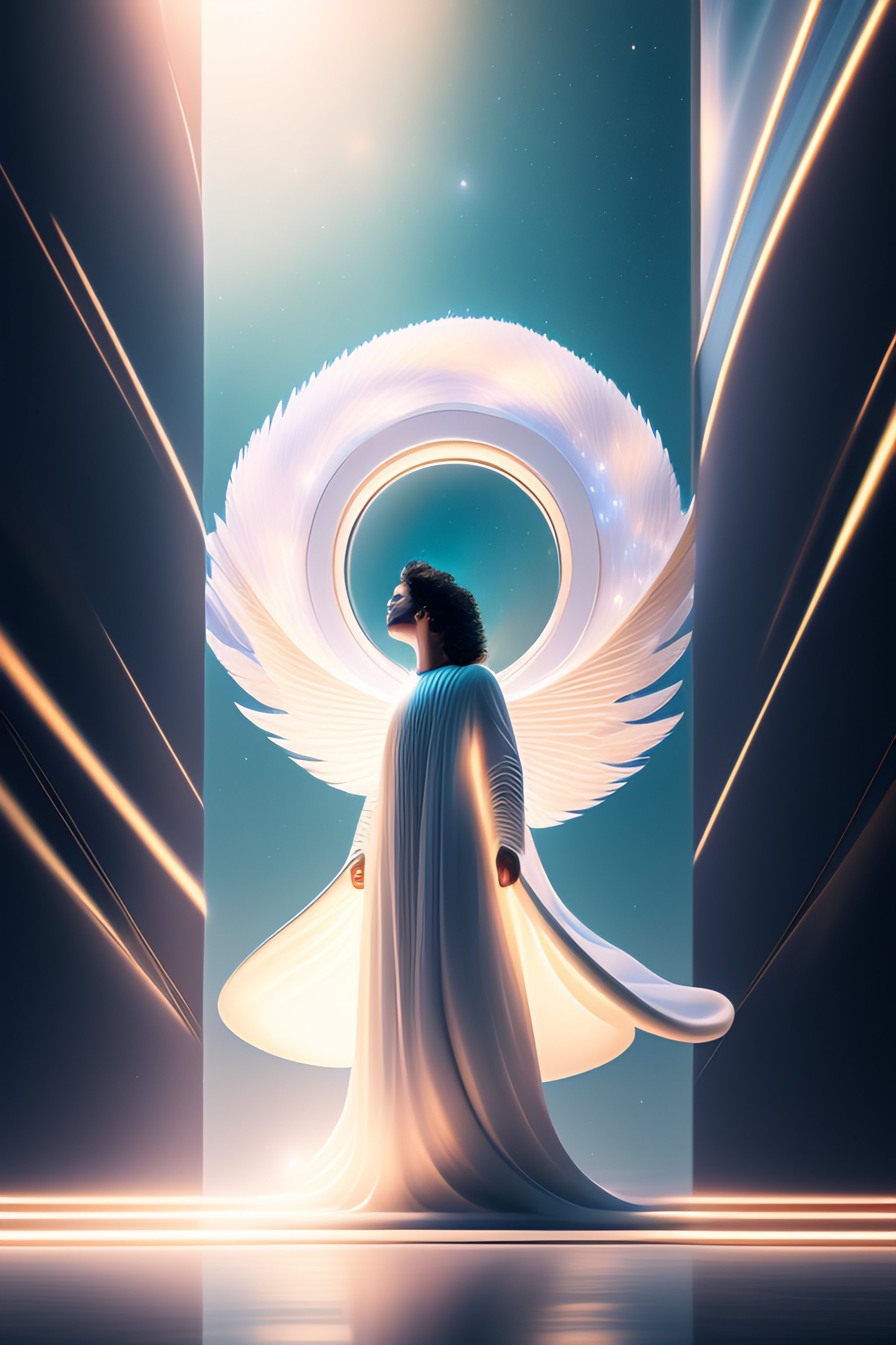 Lexica - A pure white angel with a serene expression stands in the sky ...