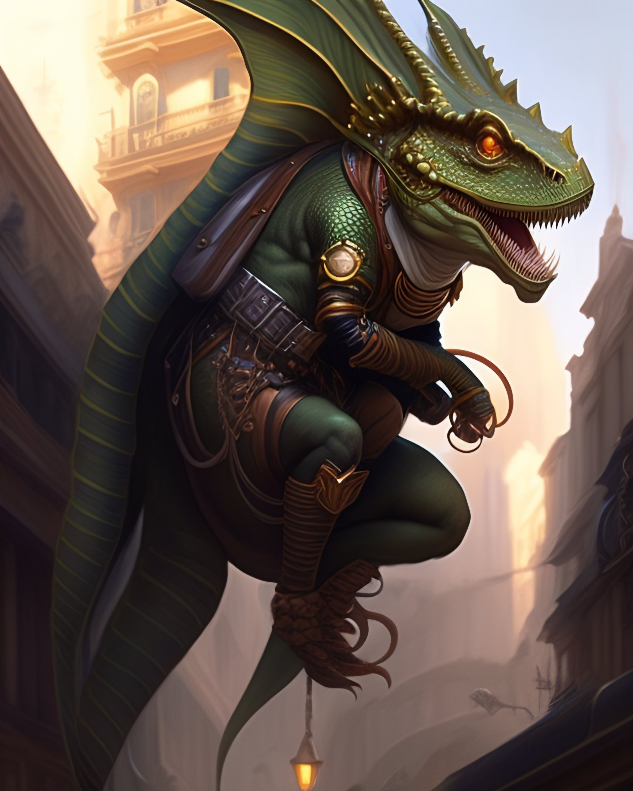 Lexica - Lizardman jumping from steampunk building, highly detailed ...
