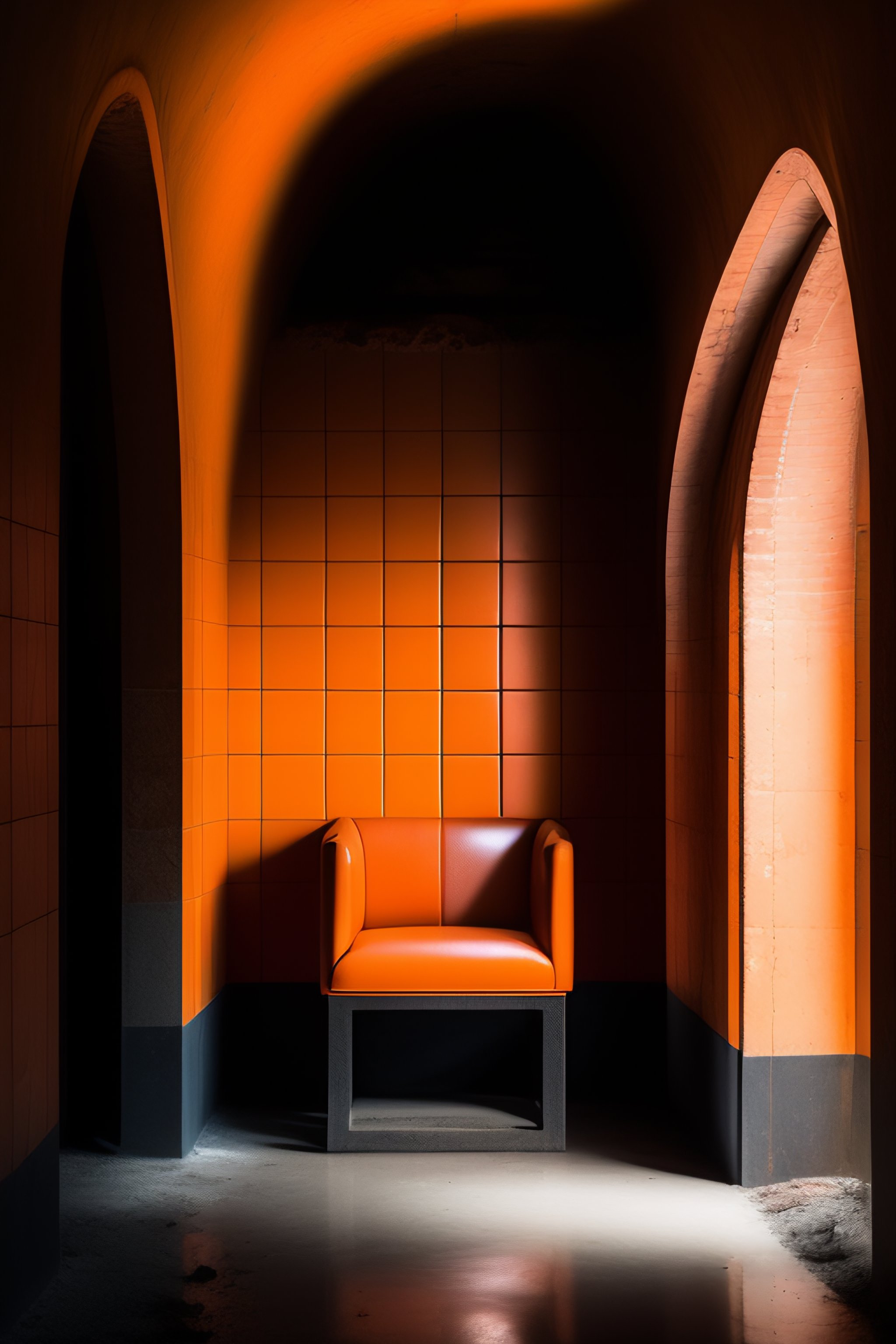 Lexica - A lone orange leather upholstered chair in abandoned subway ...
