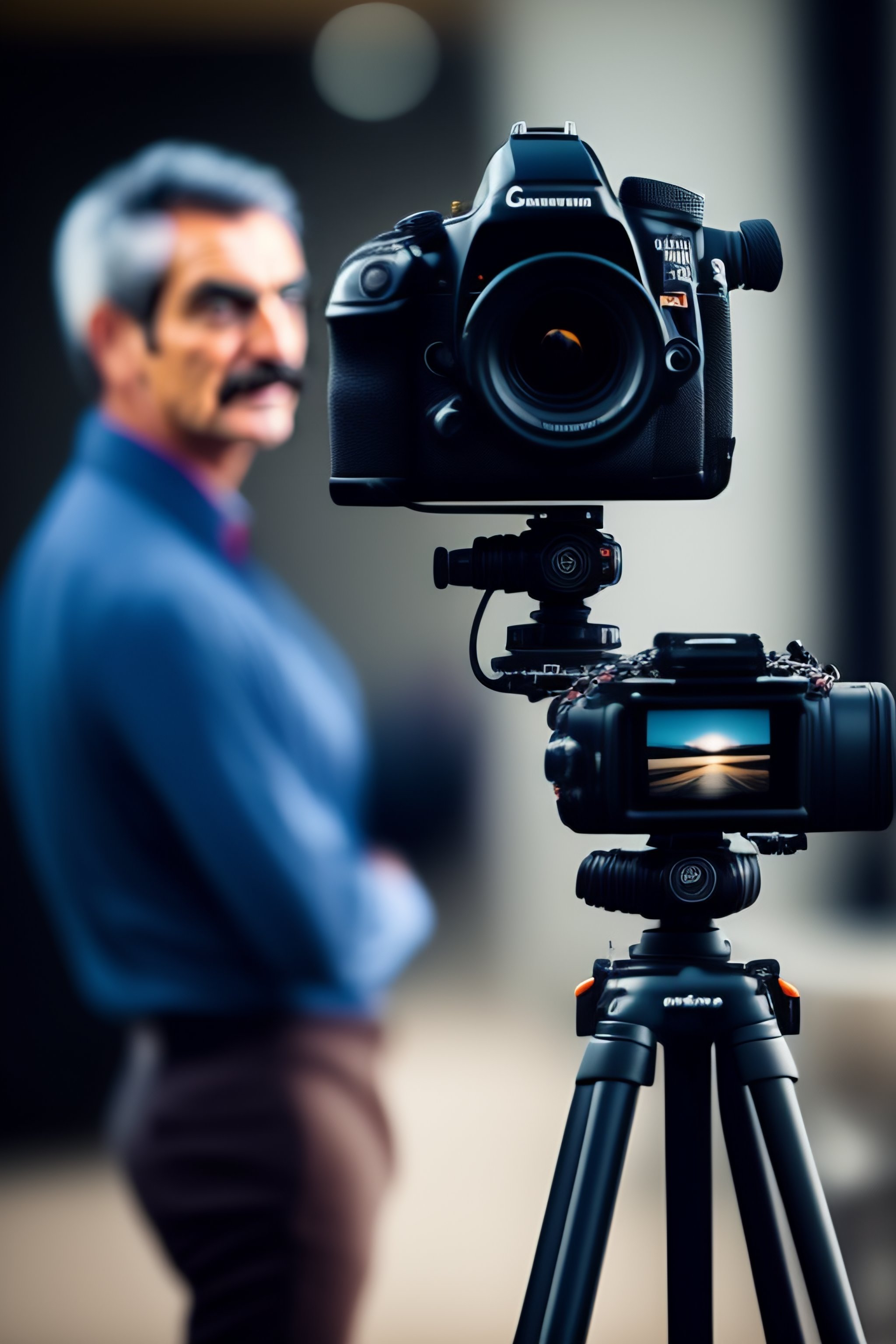 Lexica - Create an image of a cameraman standing behind a video camera ...