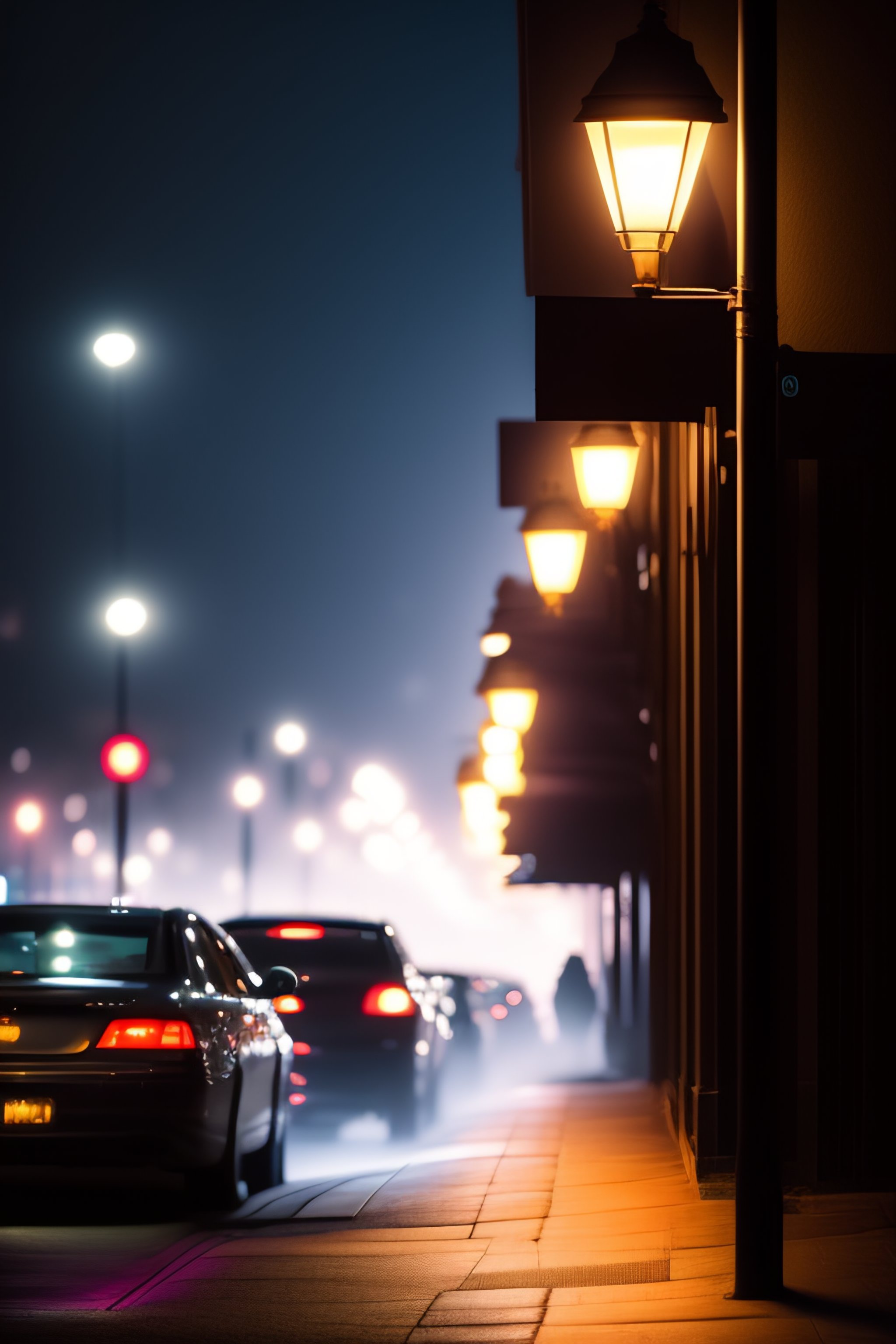 Lexica - Street scene at night partial fog with street lights and ...