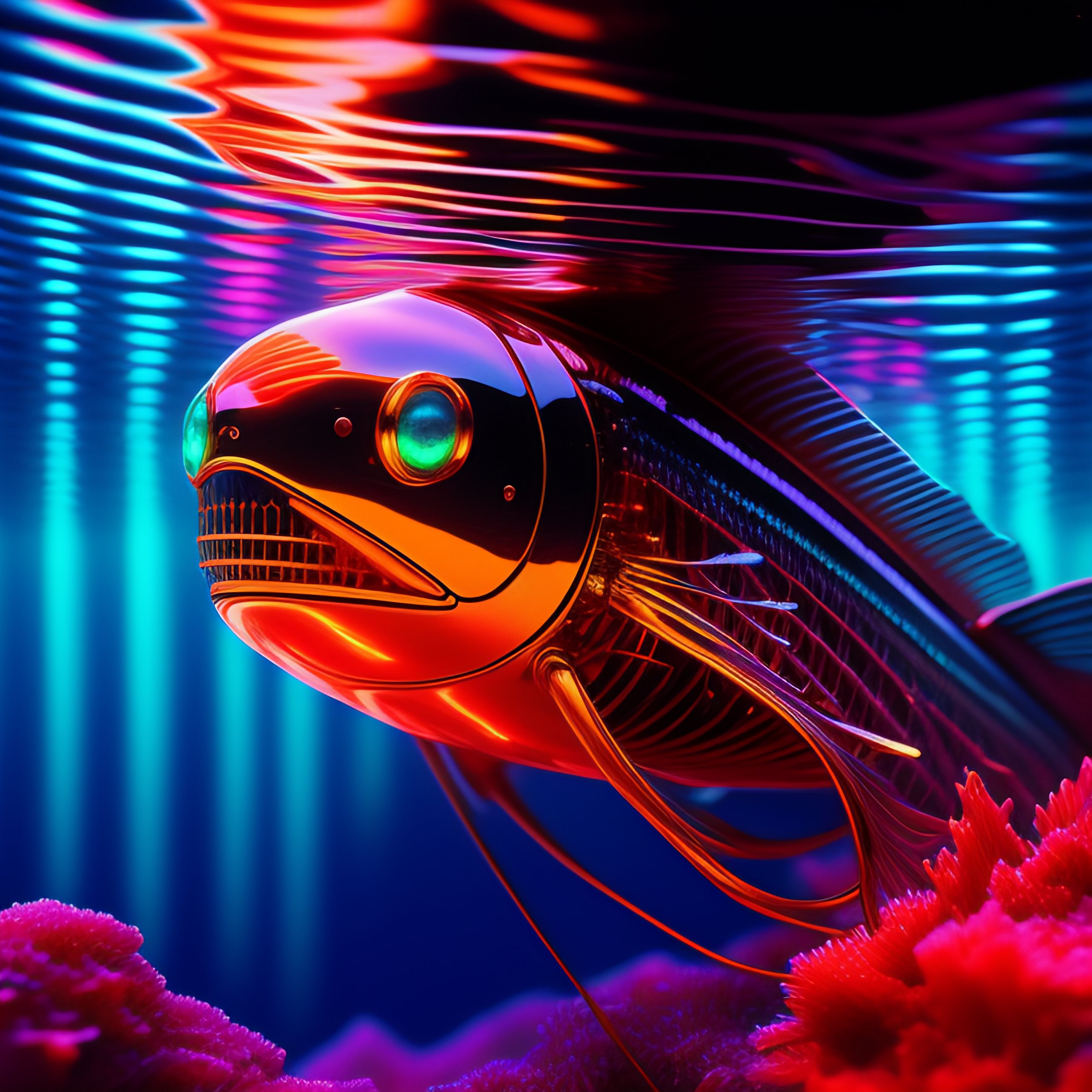Lexica - Chrome skeleton with neon glowing red eyes underwater, coming ...