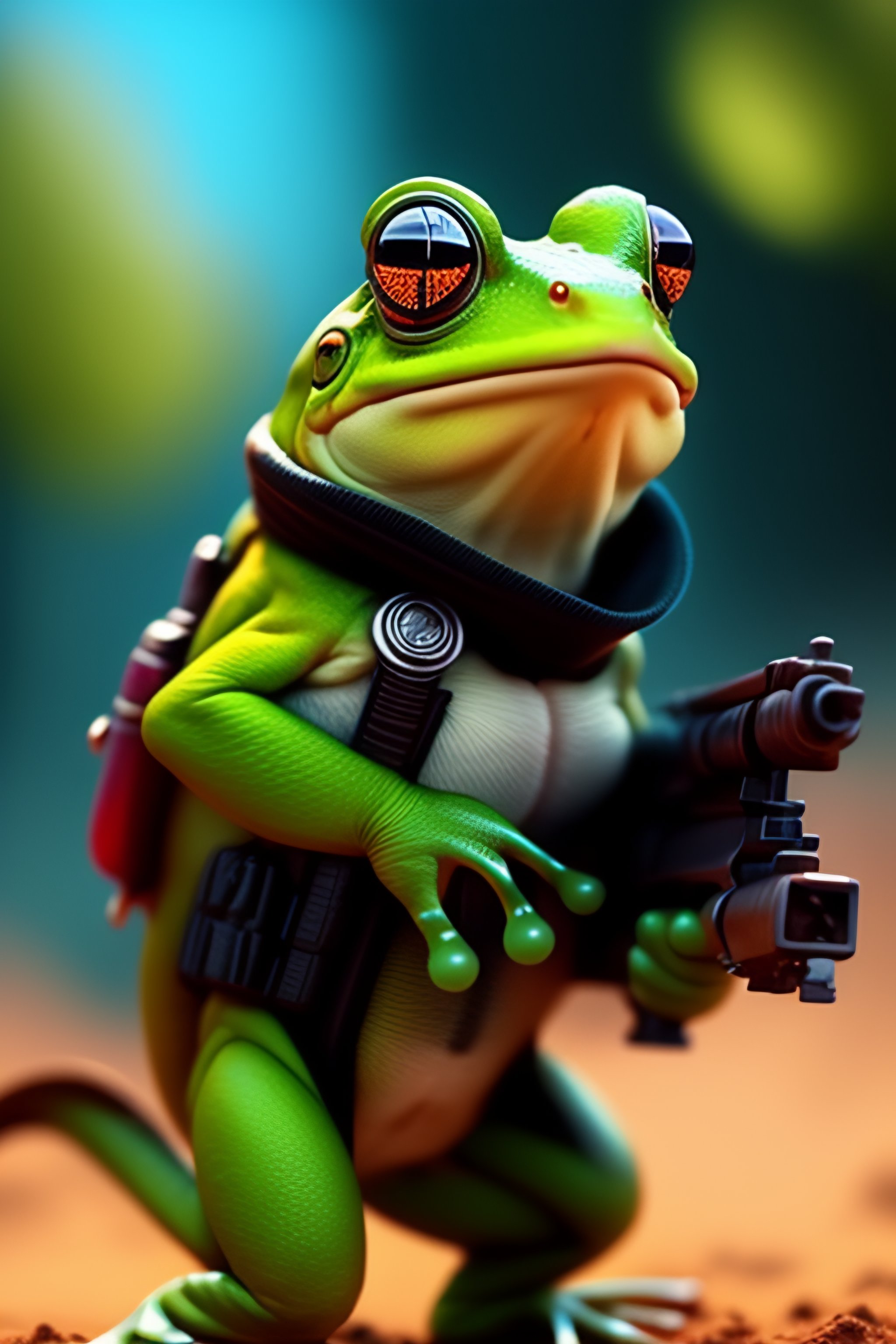 Lexica - A frog wielding a rocket-launcher from a video game.