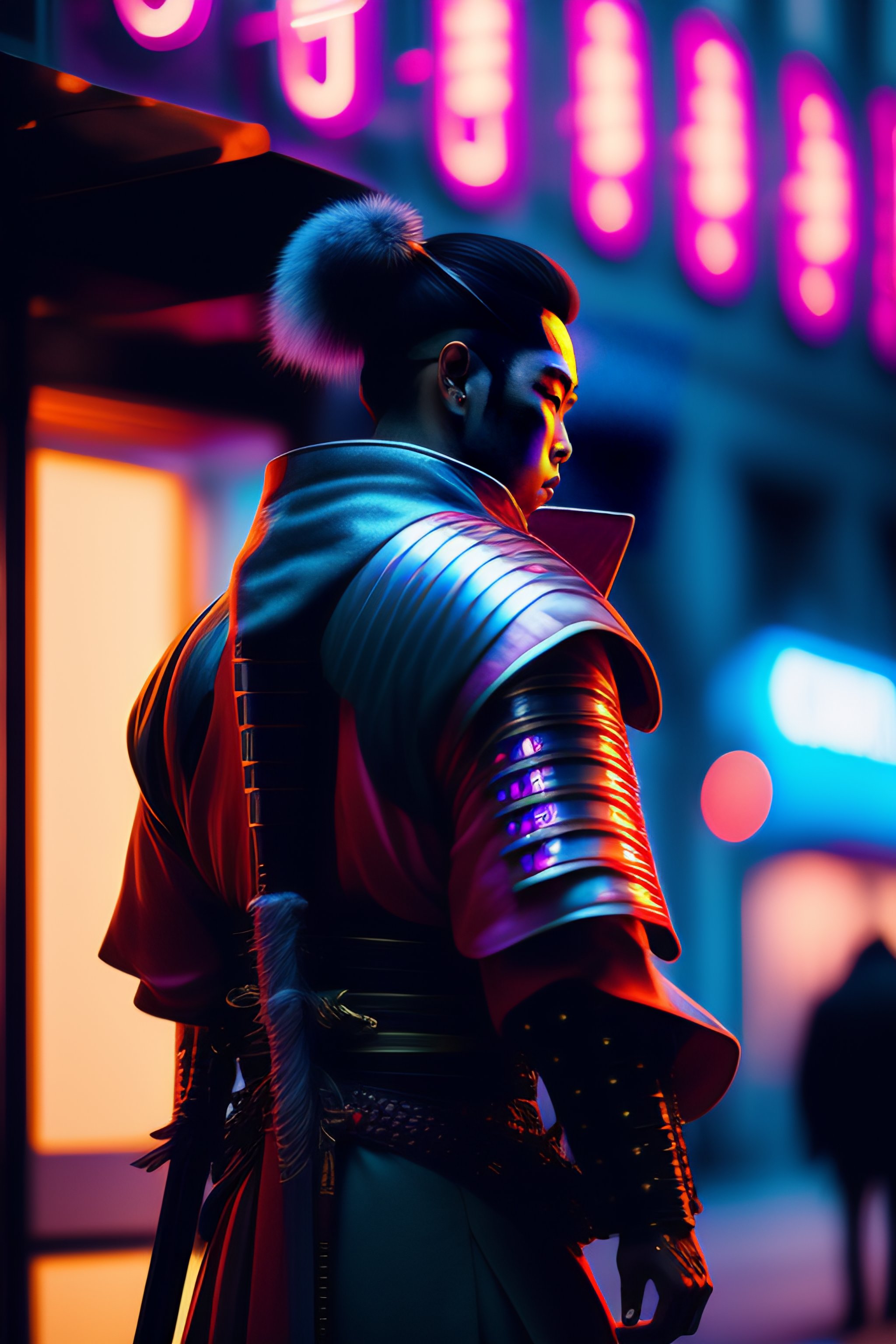 Lexica - Slow shutter speed photo of a cyberpunk samurai with neon ...