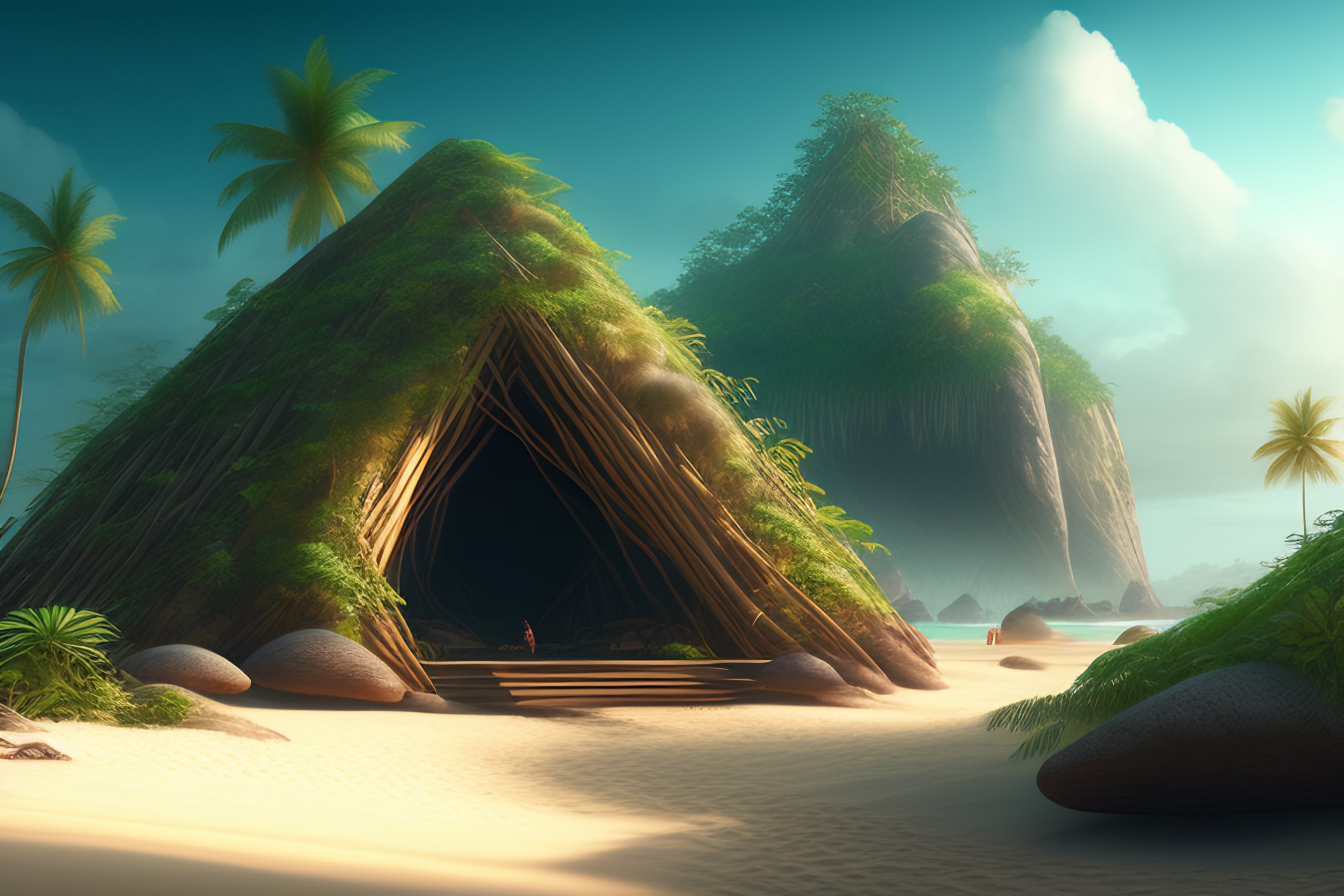 Lexica - Giant elven amerindian hut bamboo on tropical island beach ...