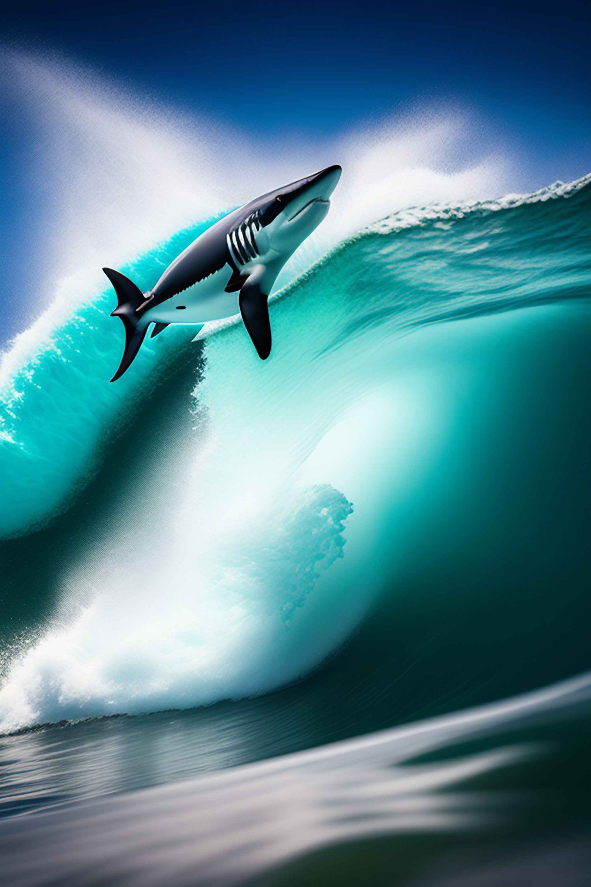 Lexica - Photo of a shark surfing on top of a surfboard. The shark is ...