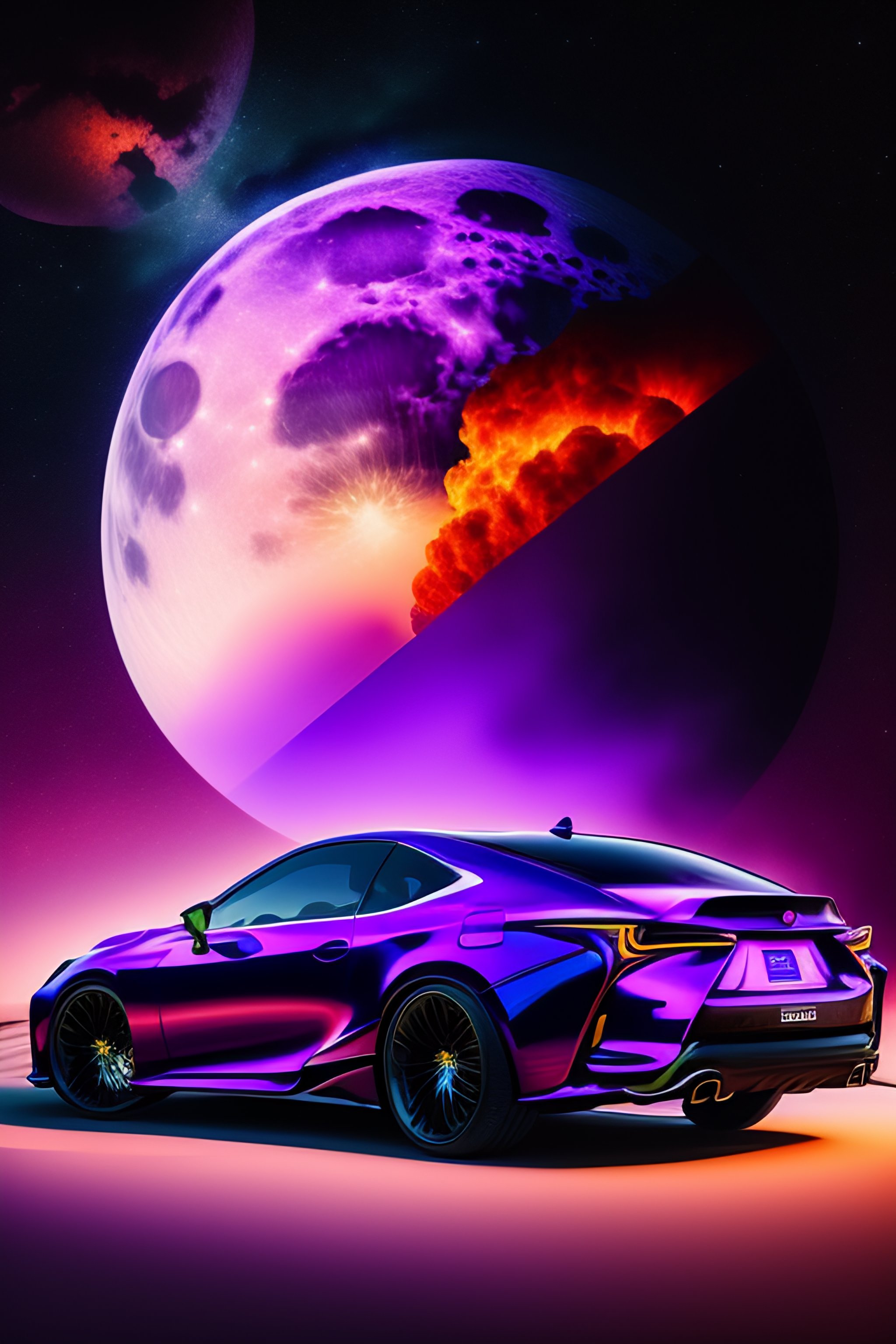 Lexica - Purple Lexus coupe fire in the background in space Huge Moon