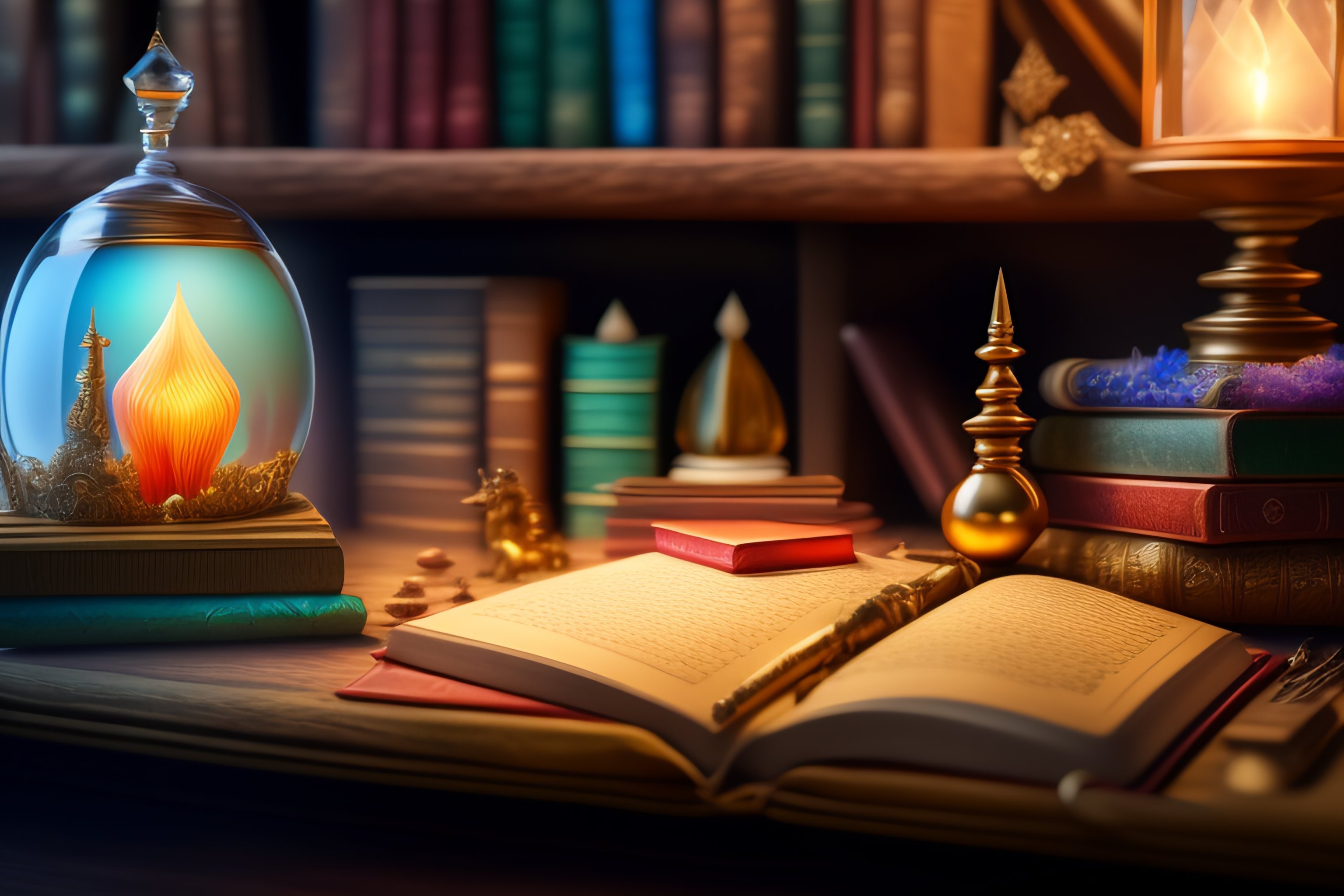 Lexica - Panoramic view of fantasy wizard's work table with magical ...