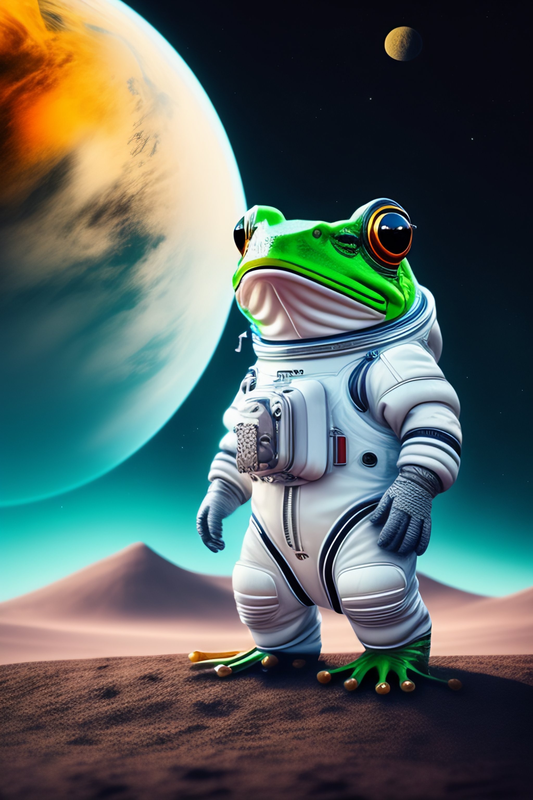 Lexica - Frog with tongue out. Astronaut suit. With frog hands. Earth ...