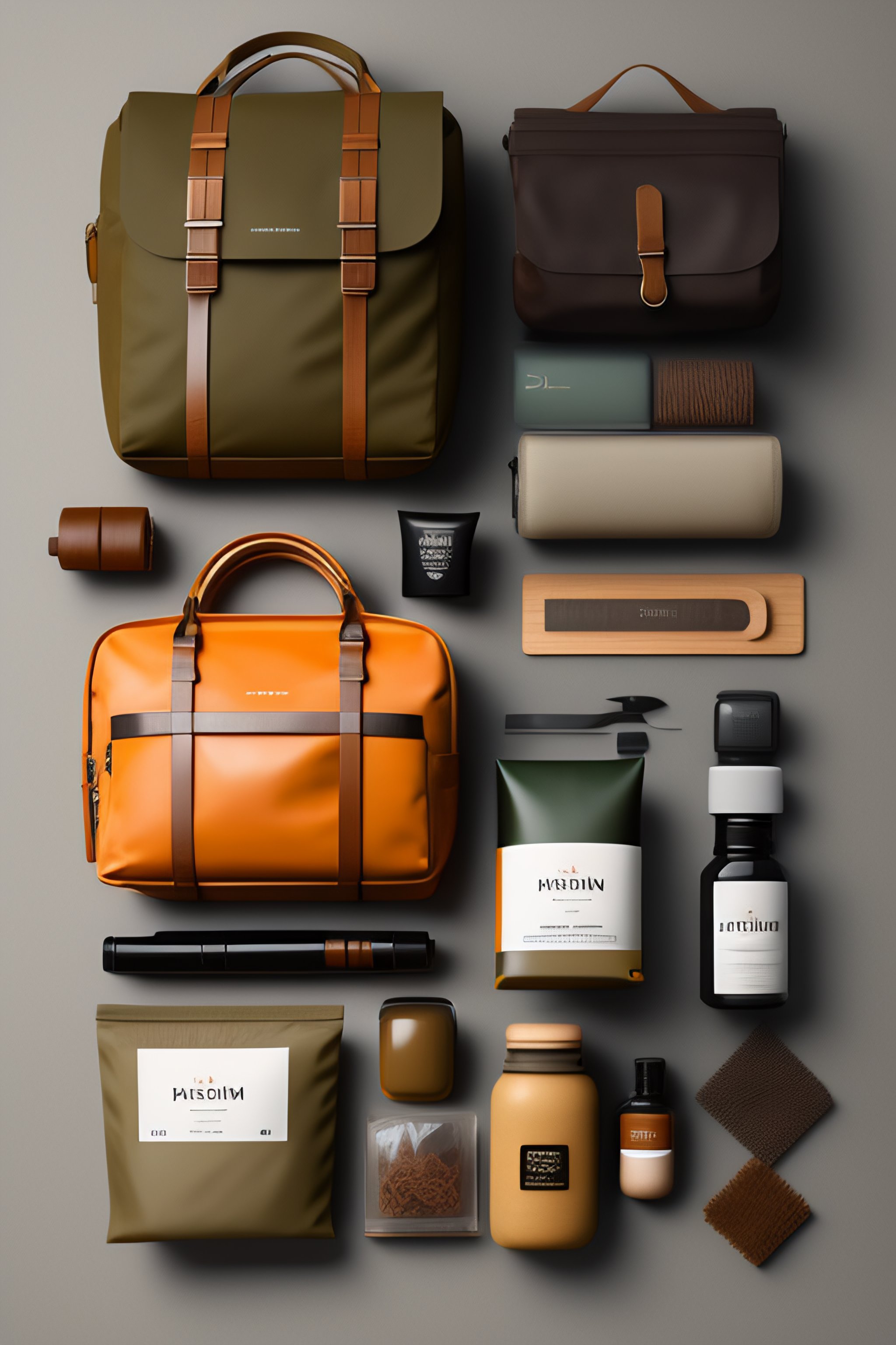 Lexica - Prompt: '[male bags], Knolling, flat lay, Natural materials ...