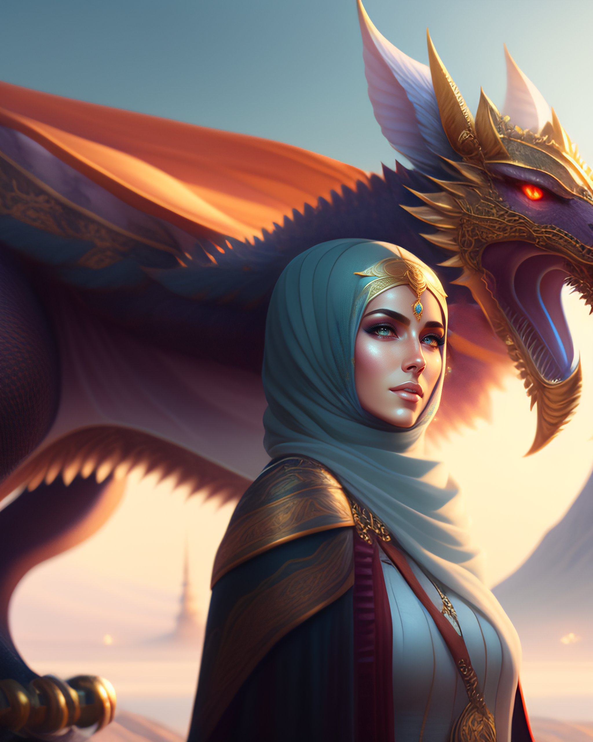 Lexica - Highly detailed full body of athena wearing hijab,on dragon ...