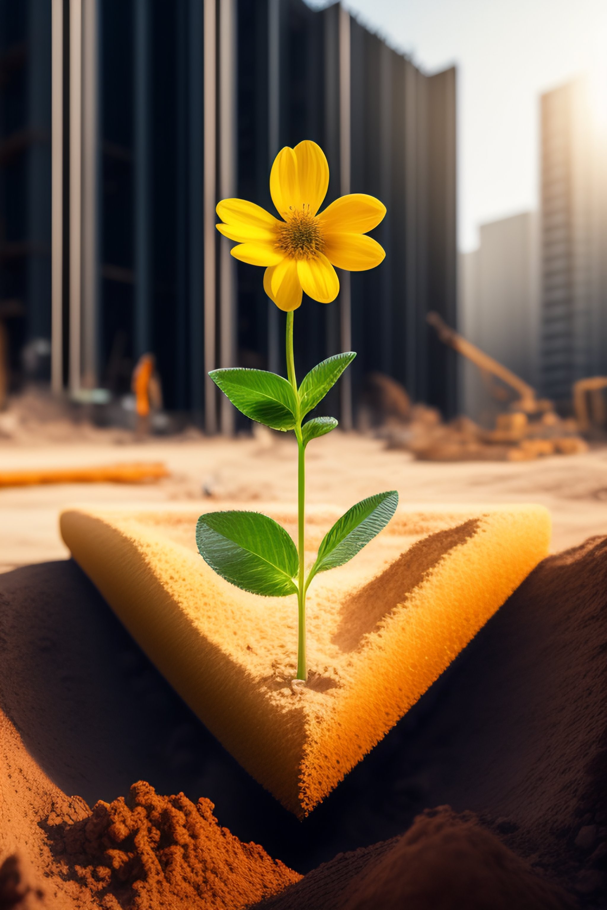 Lexica - A flower rising in the middle of a construction site of a building