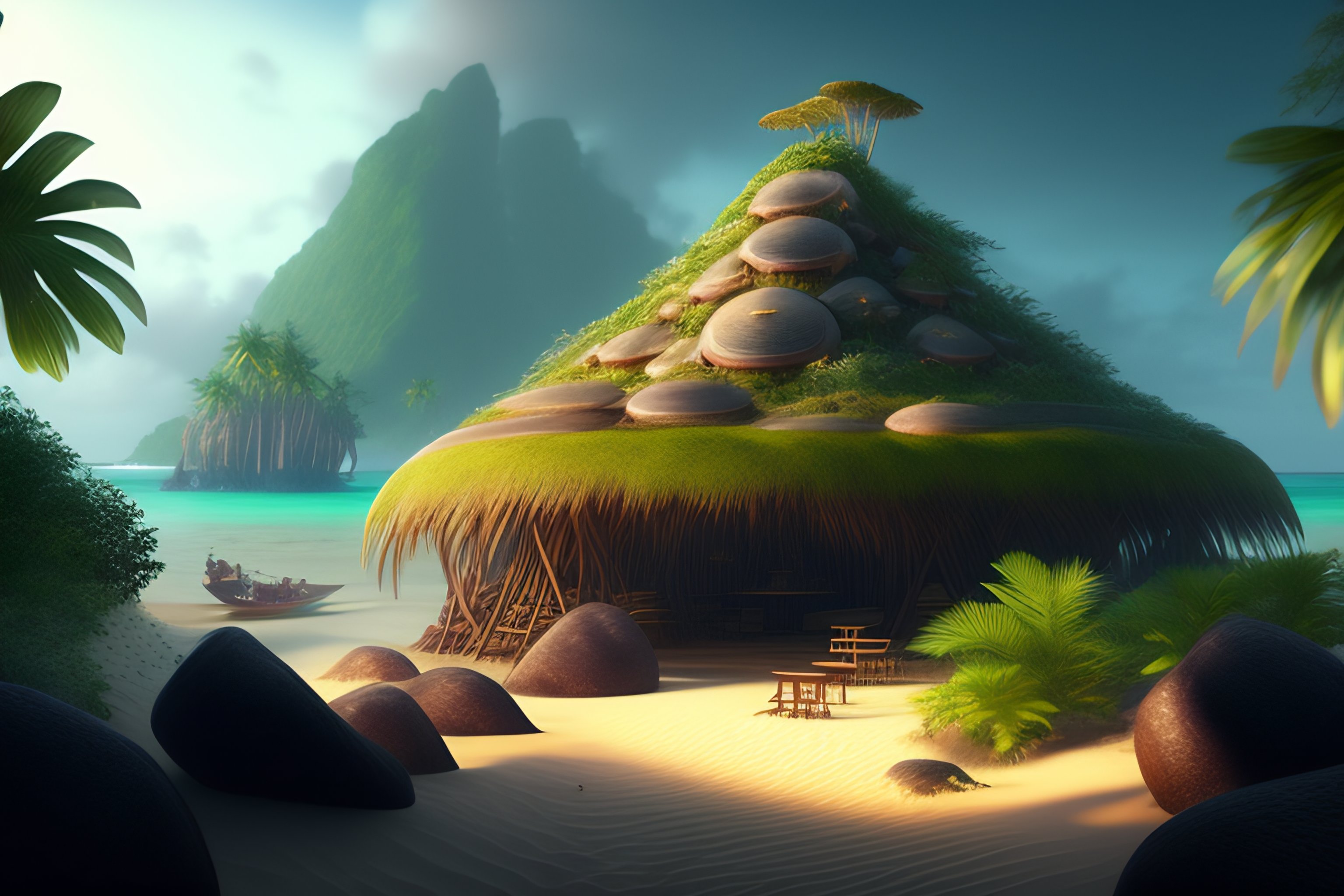 Lexica - Giant elven amerindian hut bamboo on tropical island beach ...
