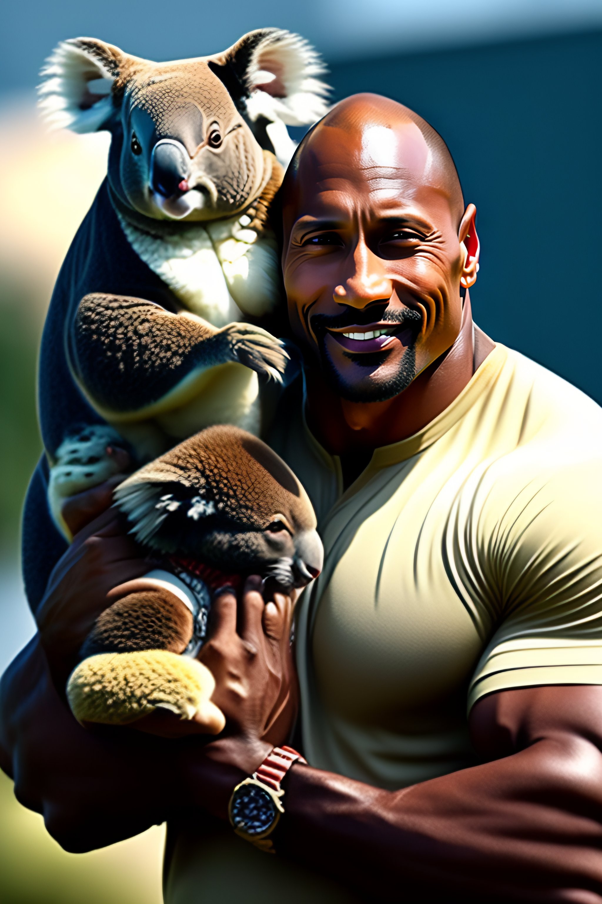 Lexica - Dwayne johnson holding a koala in one hand and a laptop in another