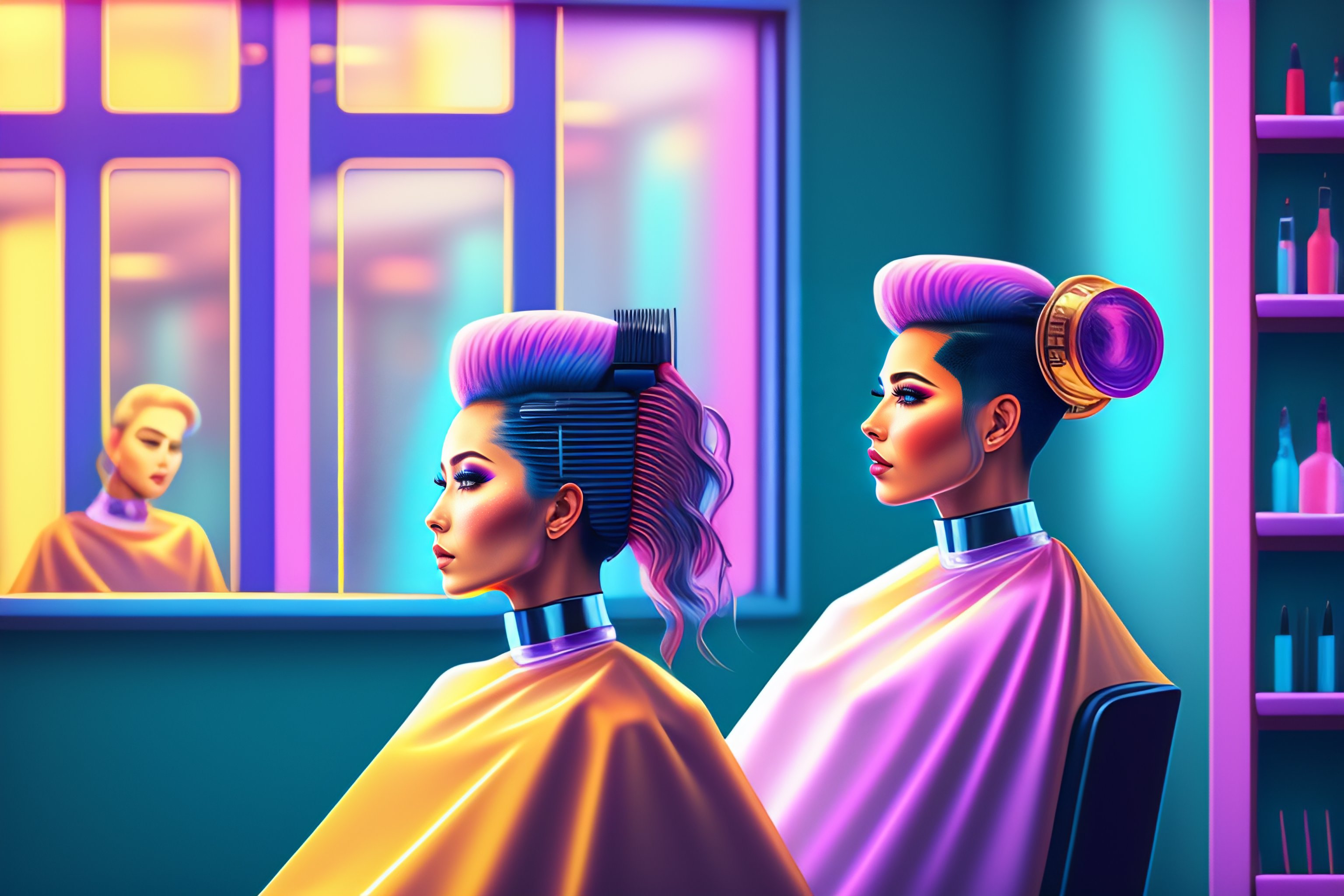 Lexica - Robot hairdresser, doing a haircut to a woman, in a barbershop ...