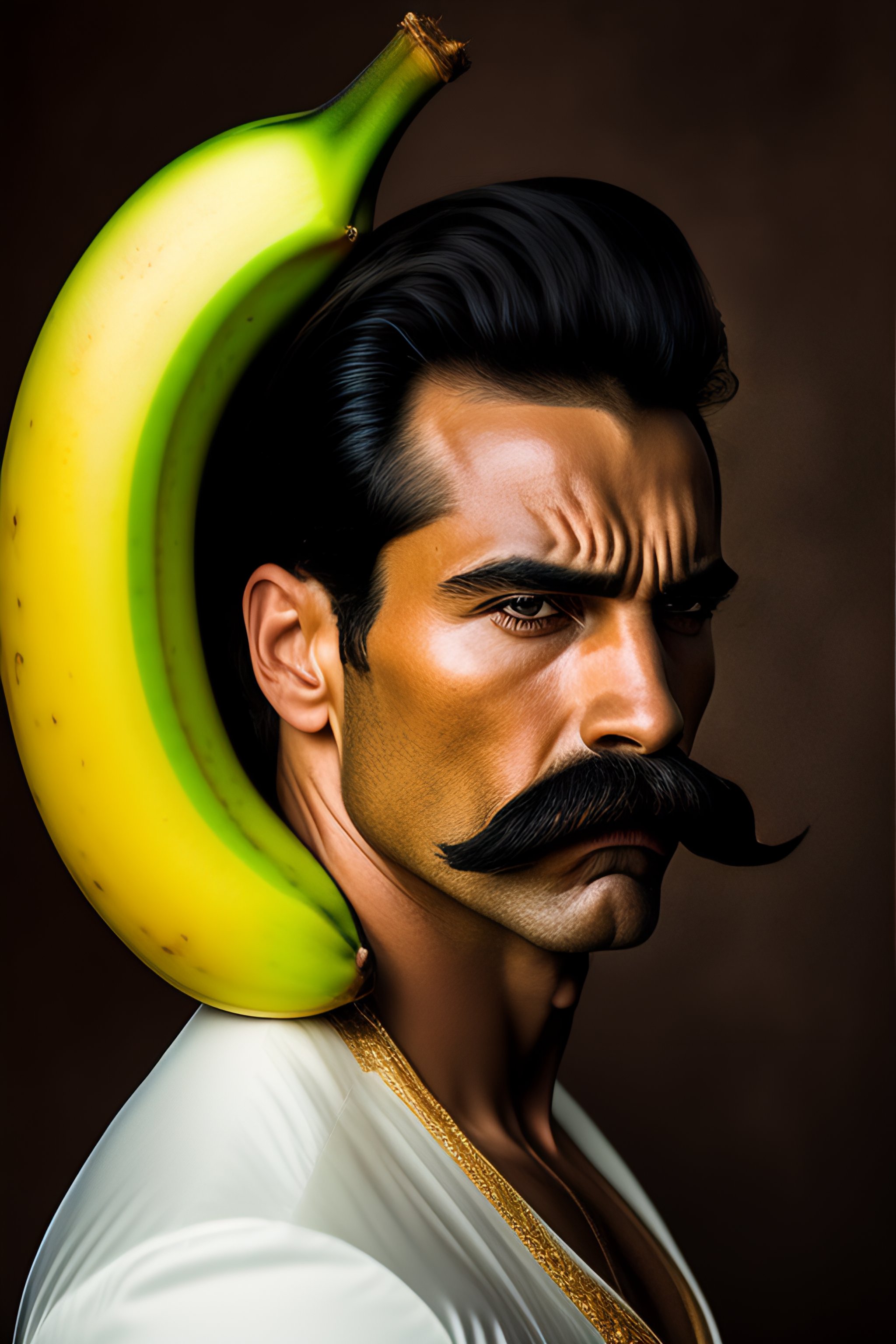 Lexica - Portrait of a man with a mustache looking angry at a banana