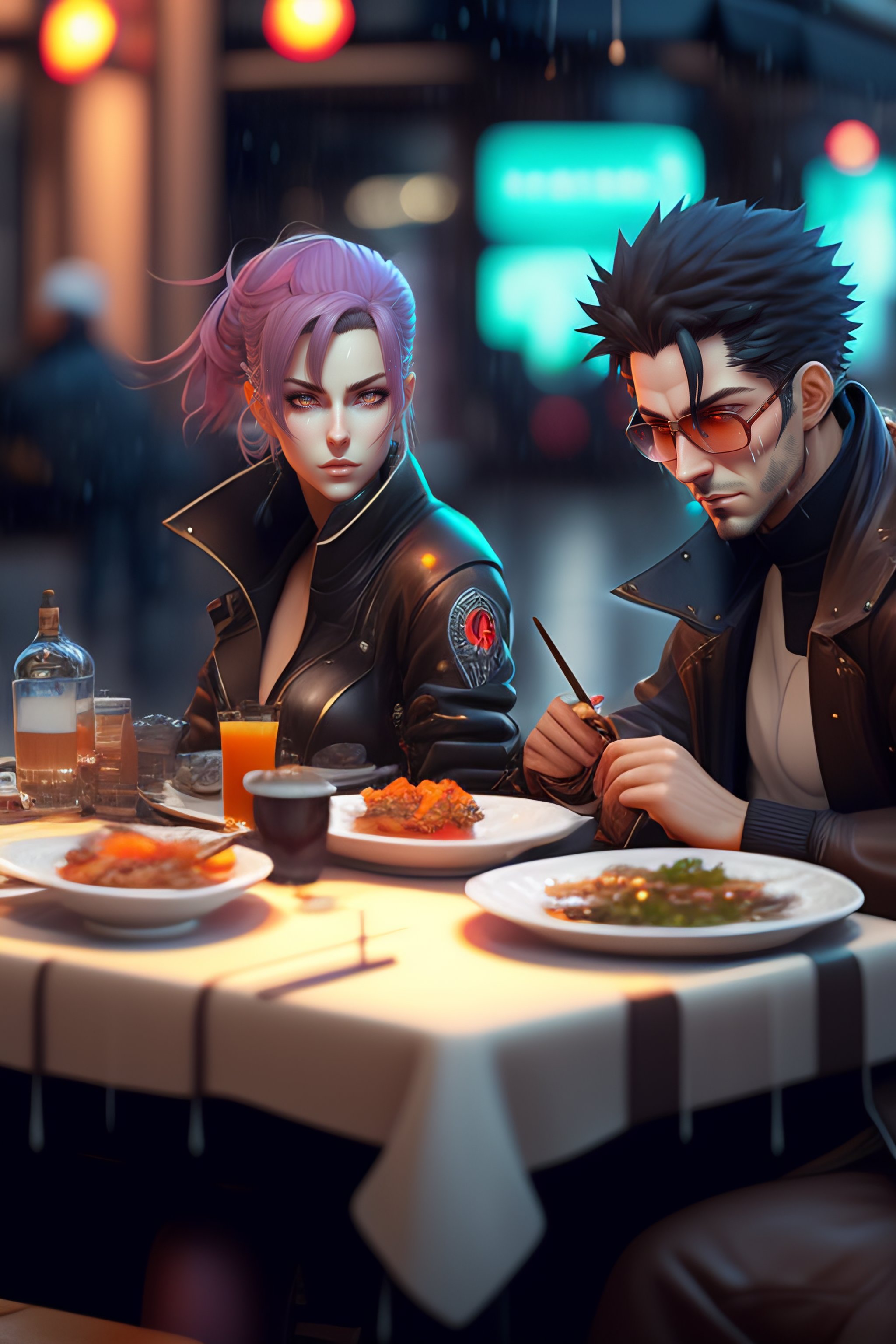 Lexica - A group of cyberpunk cyborg eating sushi on a table outside in ...