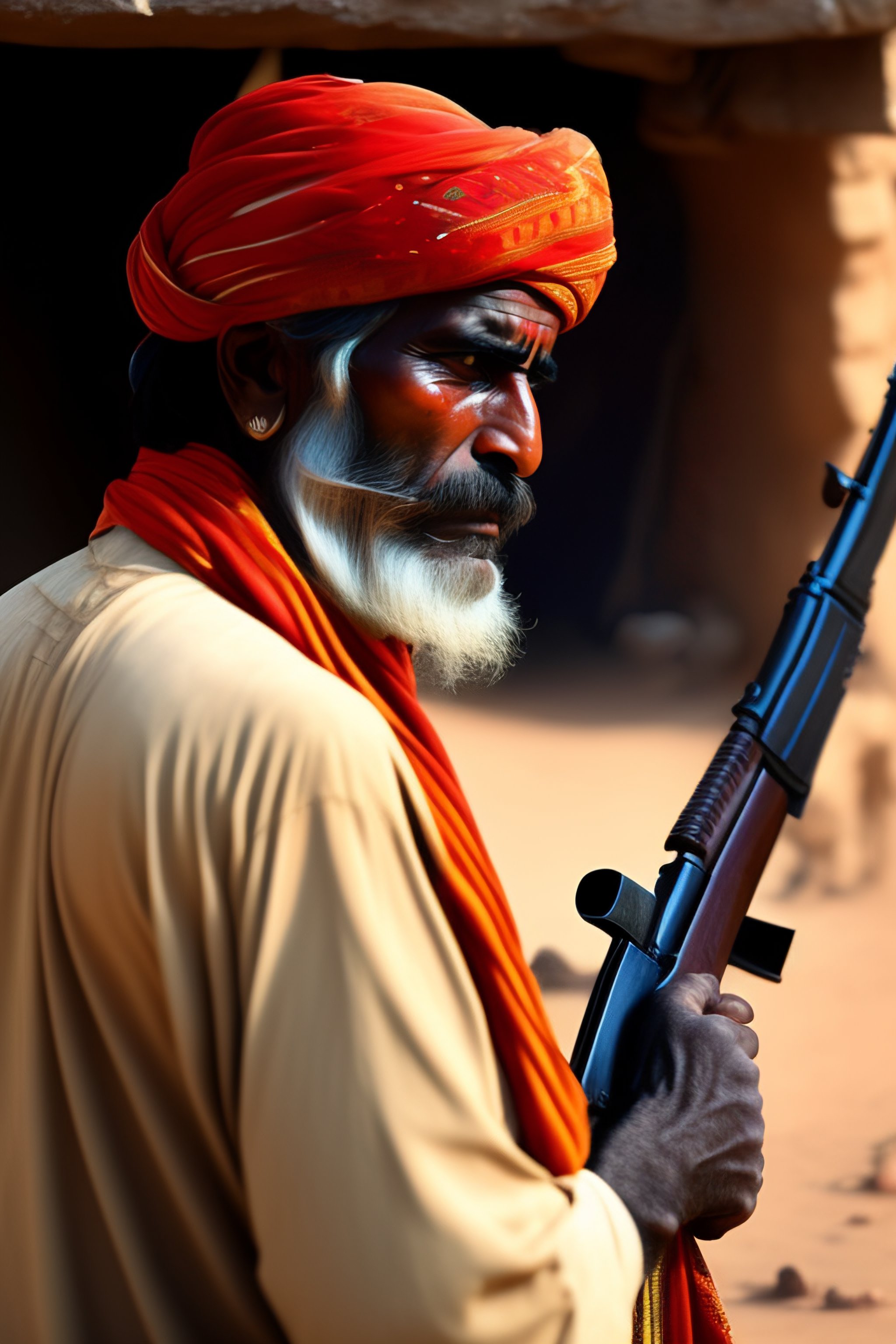 Lexica - Sindhi man with shotgun in hand in village