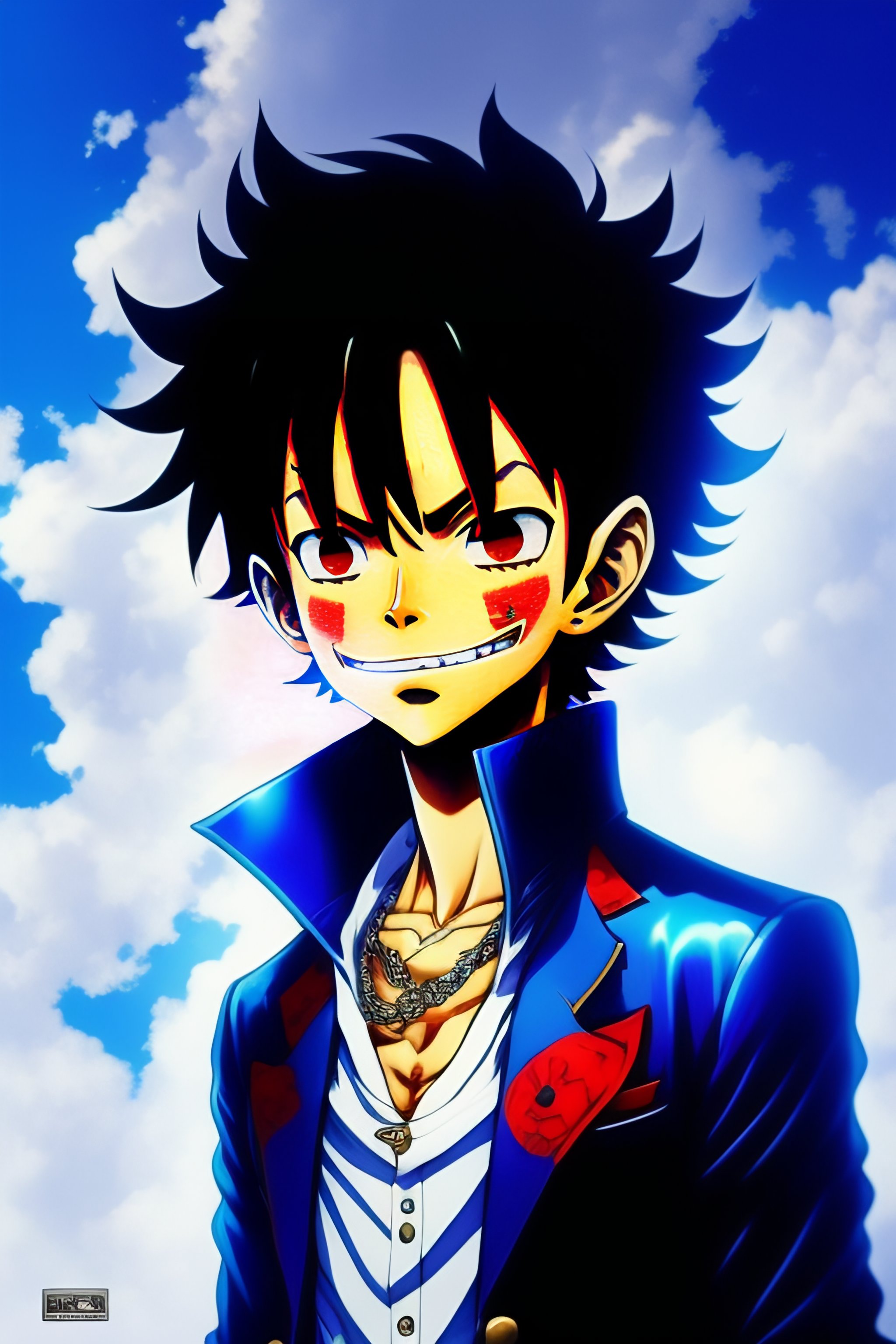 Lexica - Portrait de Monkey D Luffy en costard bleu et blanc à la ...