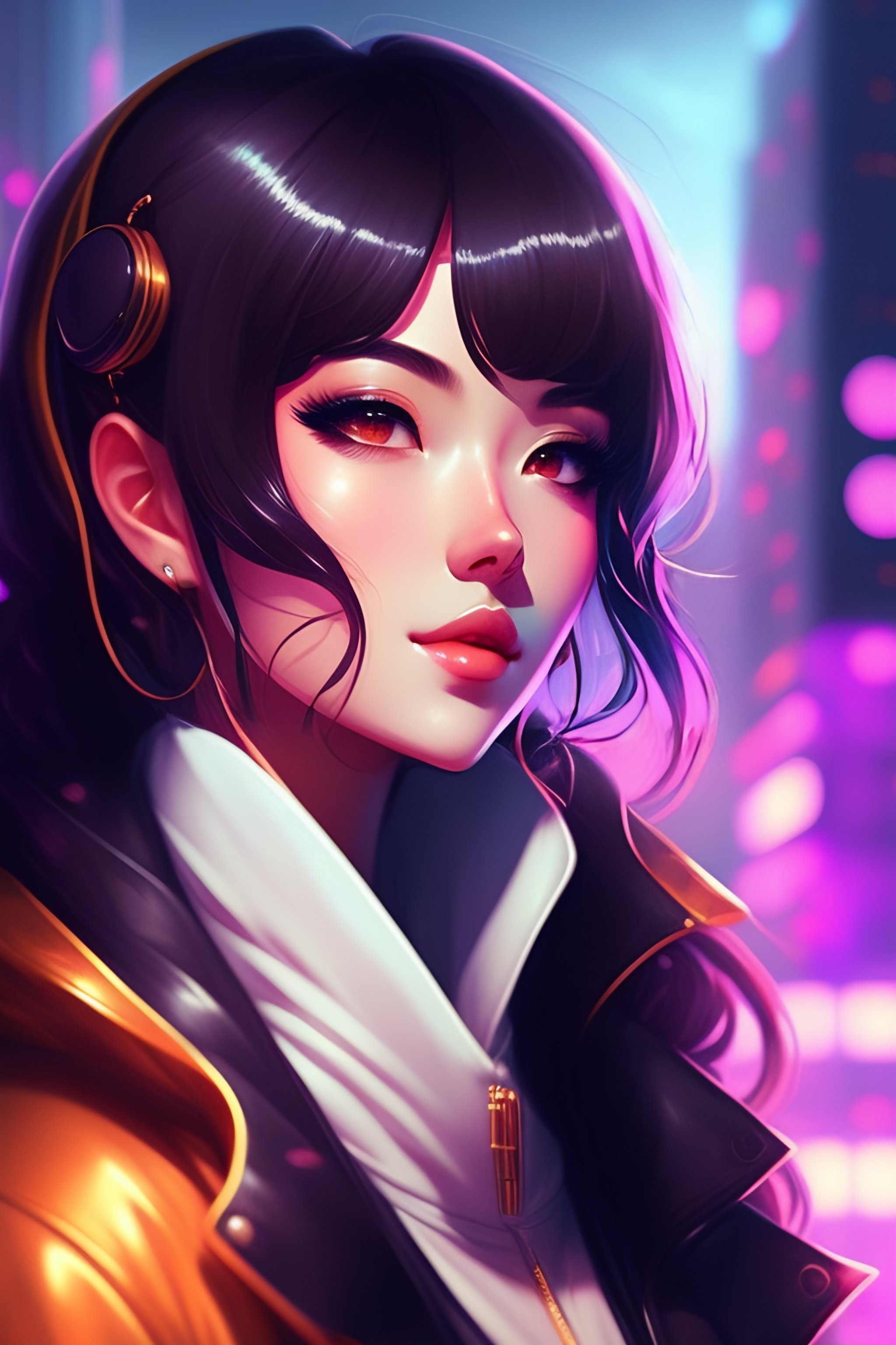 Lexica - Portrait of cute girl, night city background retrowave ...
