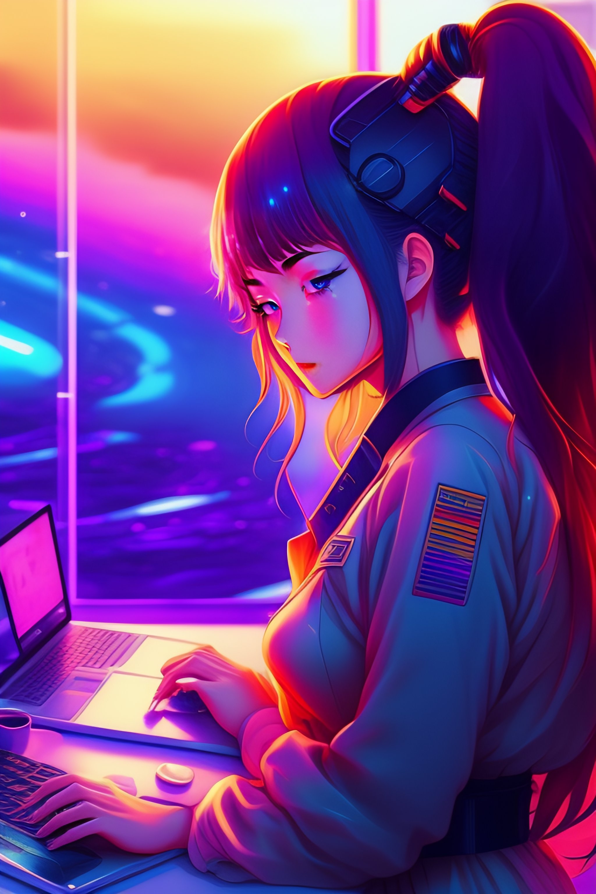 Lexica - Synthwave anime girl working on a laptop warm colours, digital ...