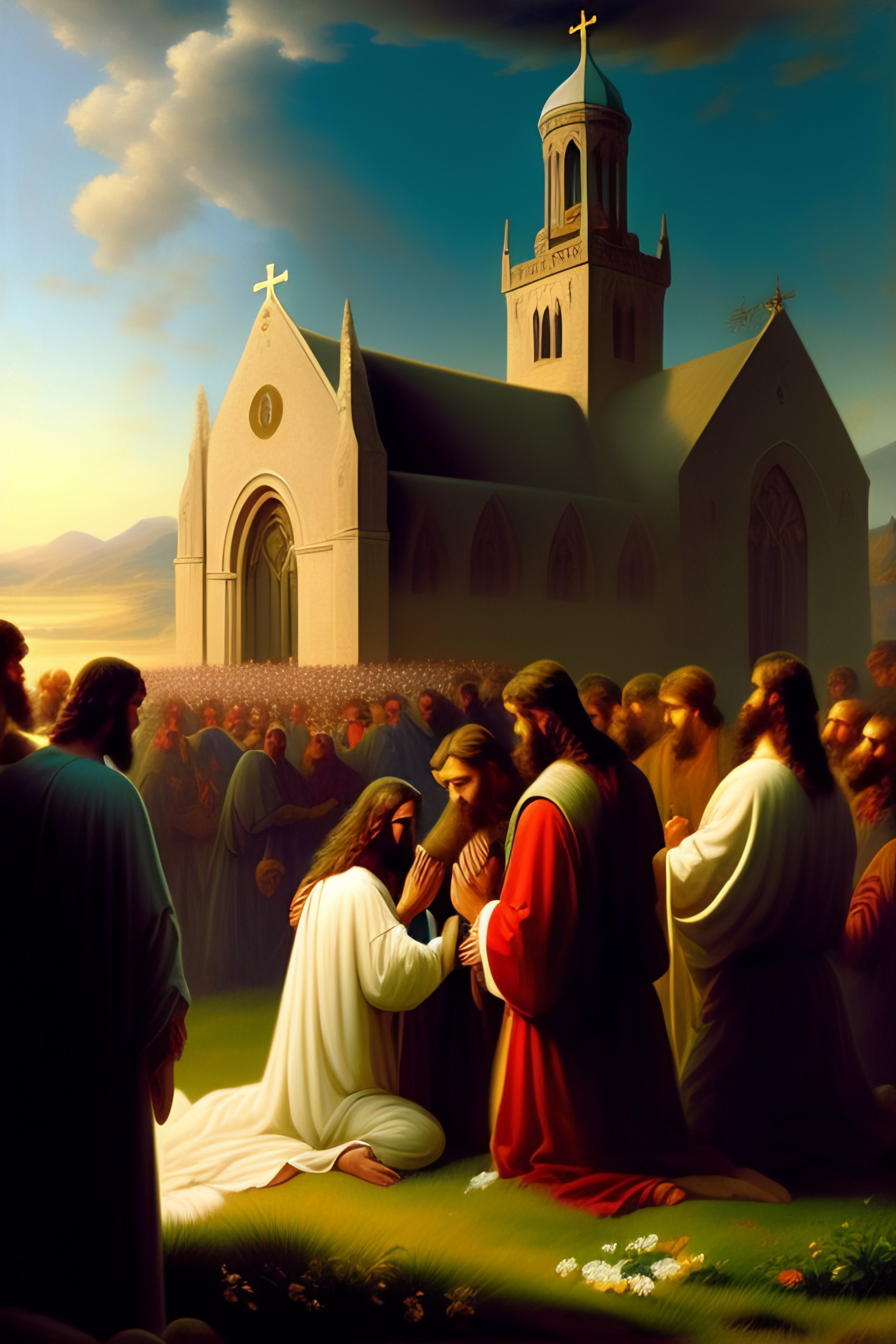 Lexica - In the center of the scene, there is a figure of Christ seated ...