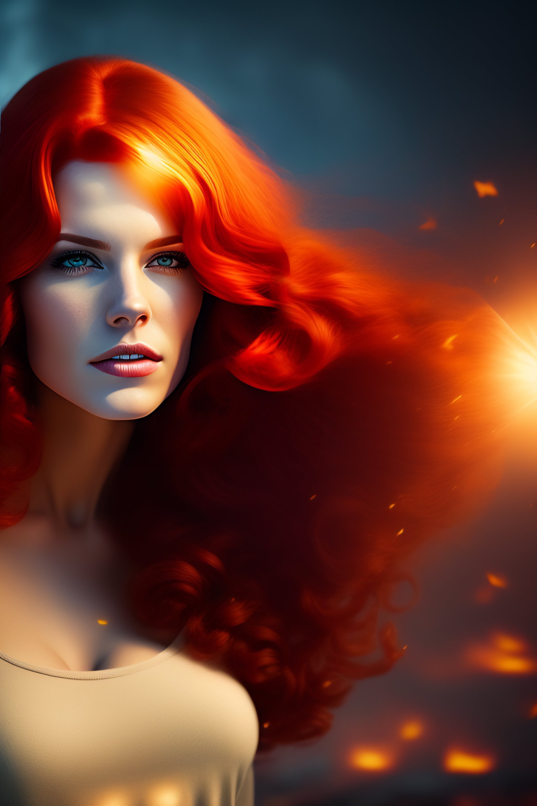 Lexica - Red-hair lady throws a flash of bright light against the enemy