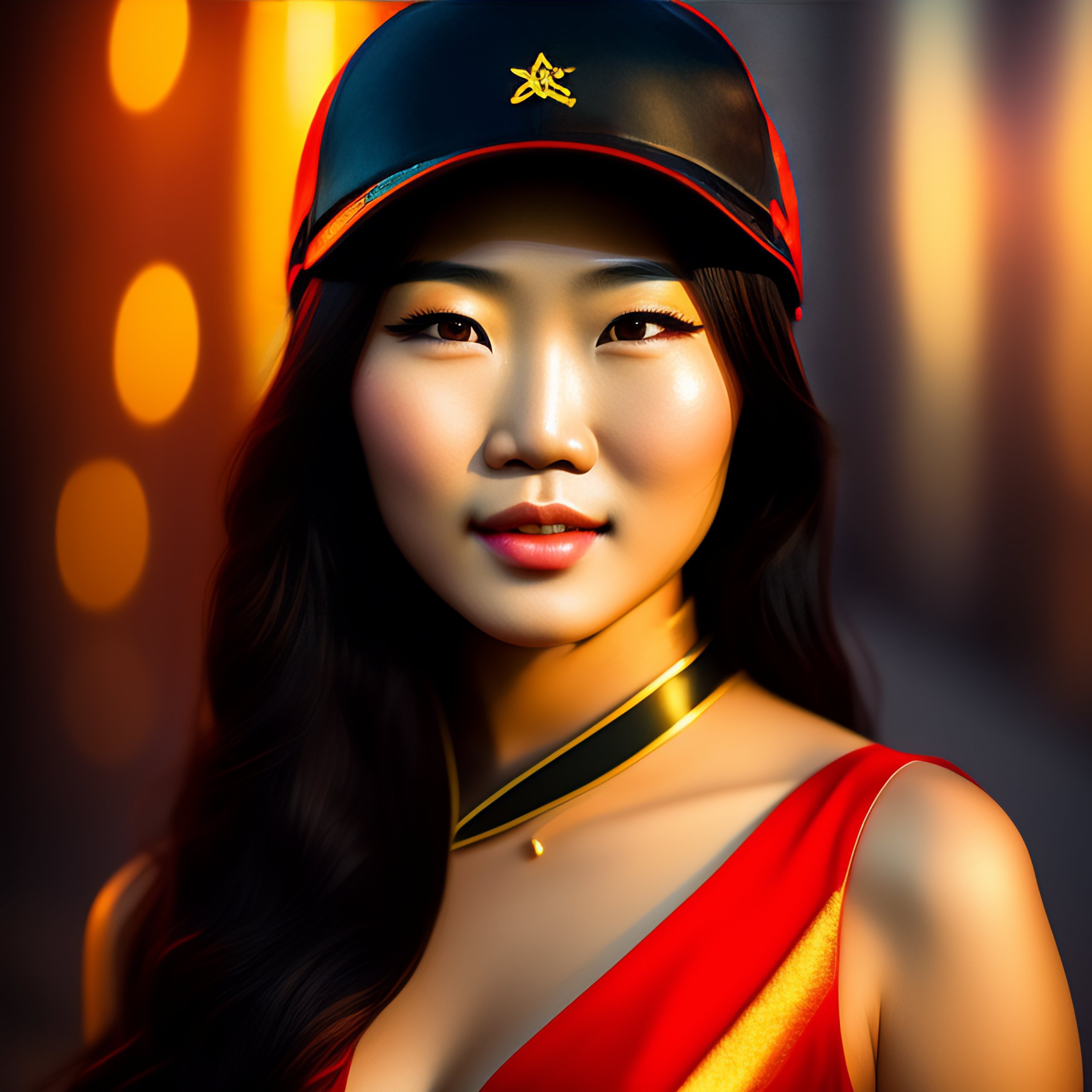 Lexica - Asian girl in a golden dress wearing a cap with a X logo on it. Red eyes. Night background