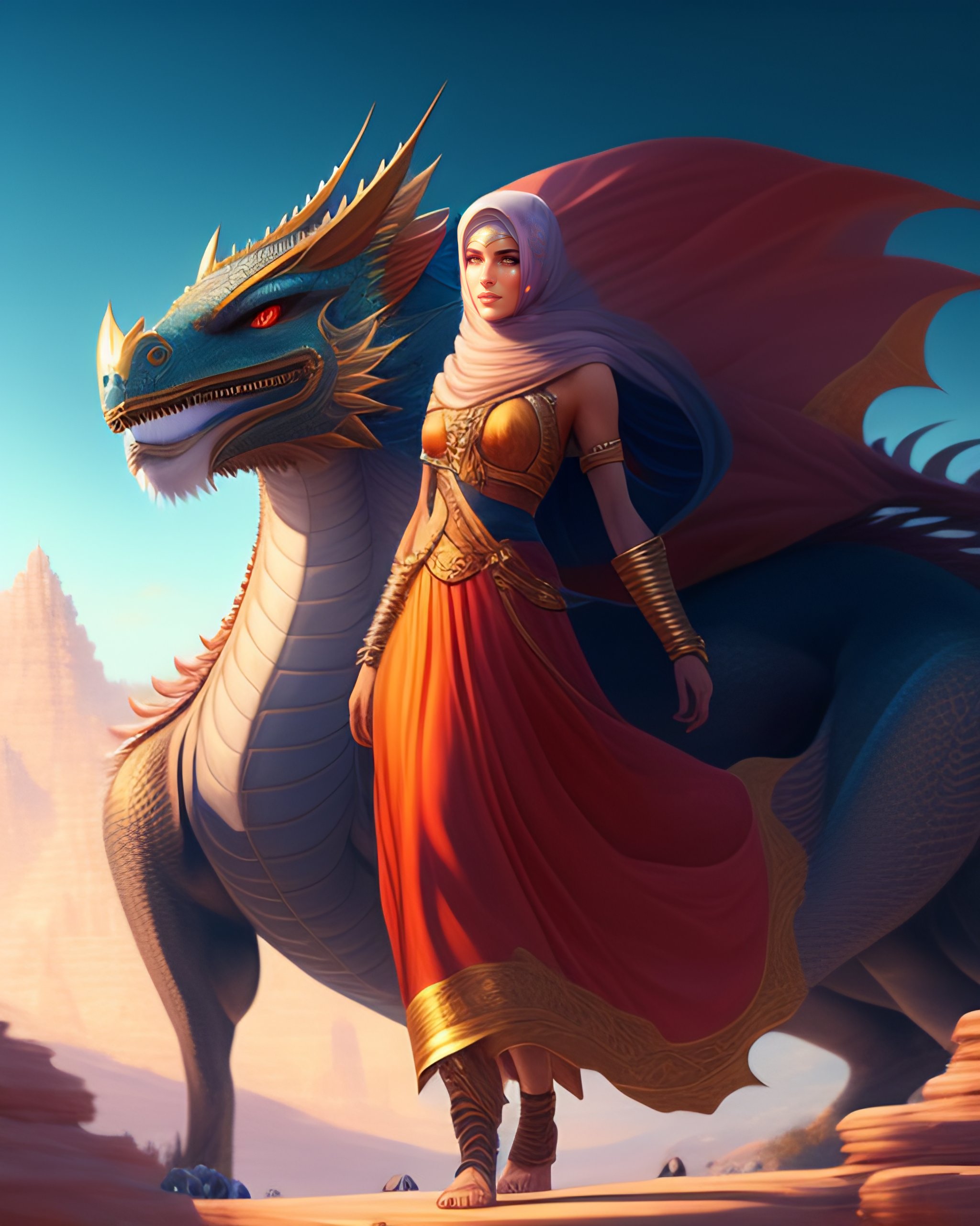 Lexica - Highly detailed full body of athena wearing hijab,on dragon ...