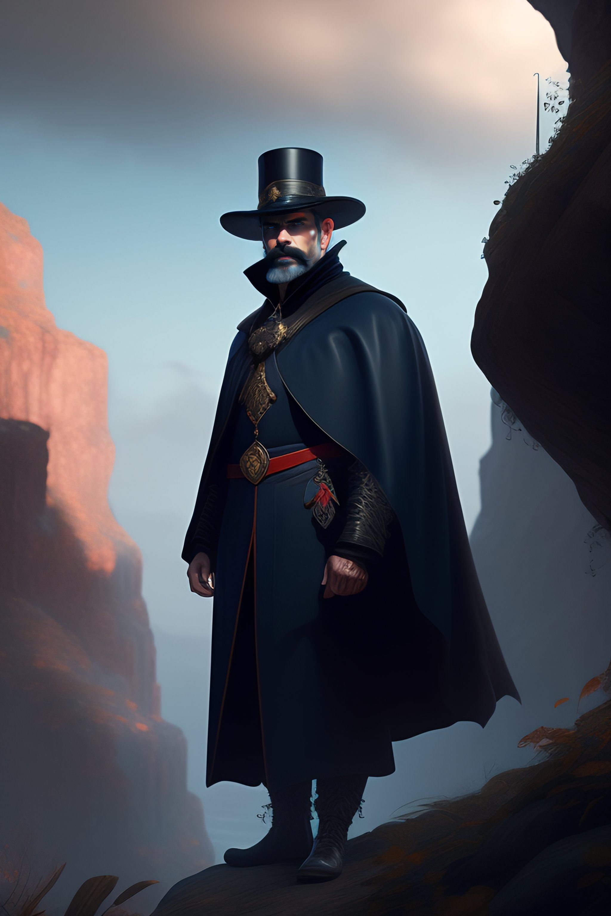 Lexica - Man with a mustache, wearing a black hat, wearing a blue cape ...