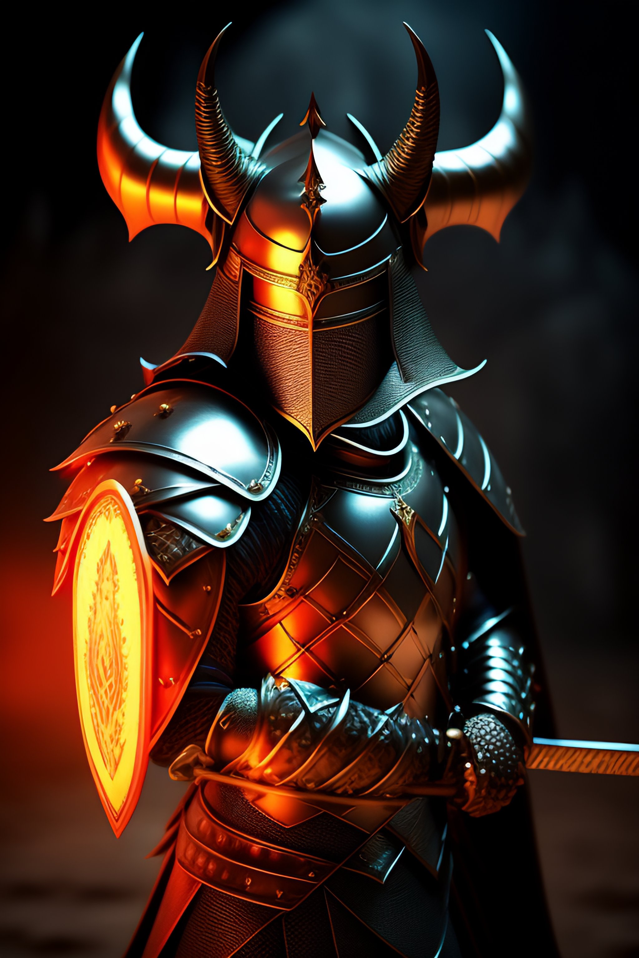 Lexica - Knight in full armor holding shield and sword with demon horns ...