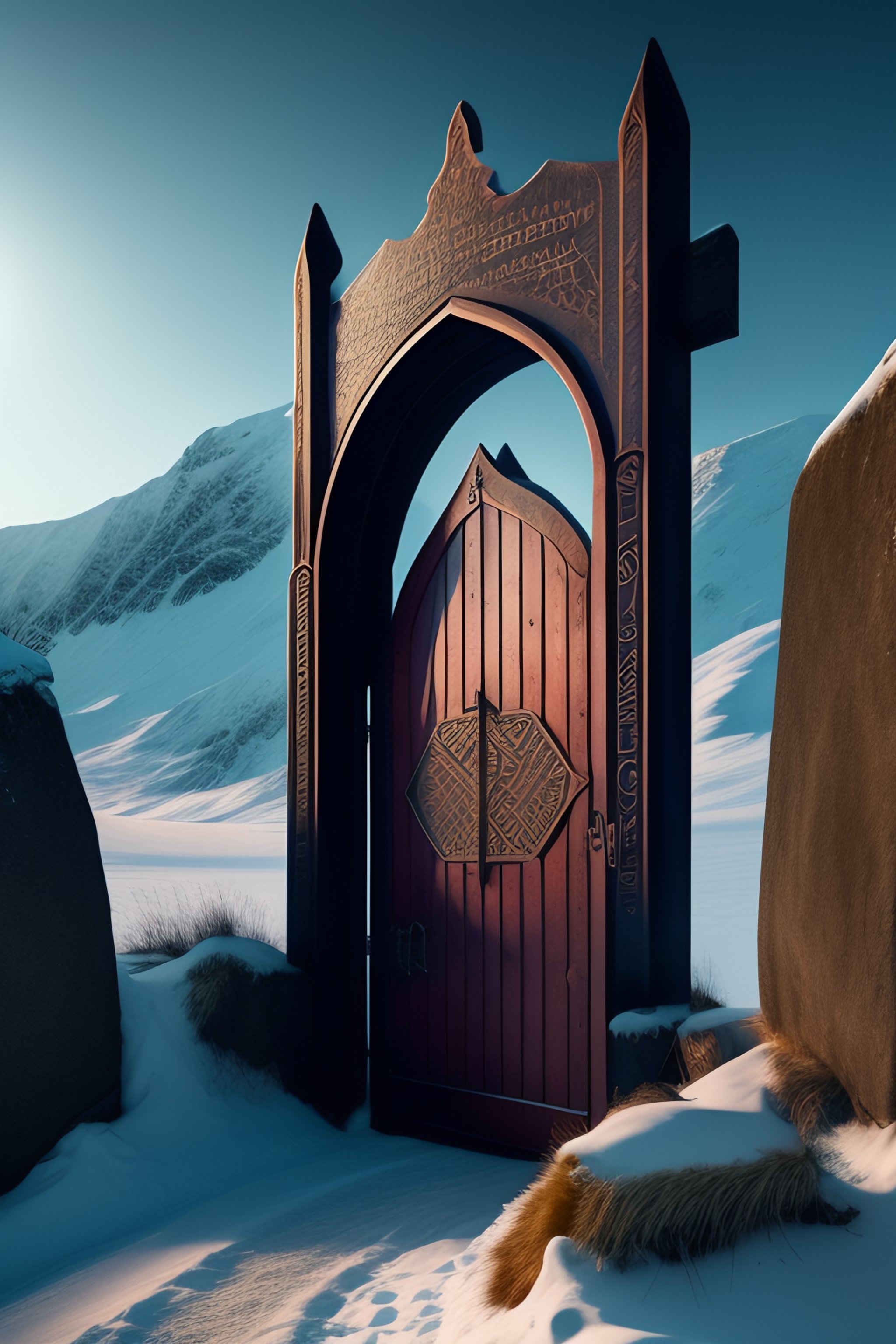 Lexica - Big frozen medieval gate with runic scriptures in the mountain