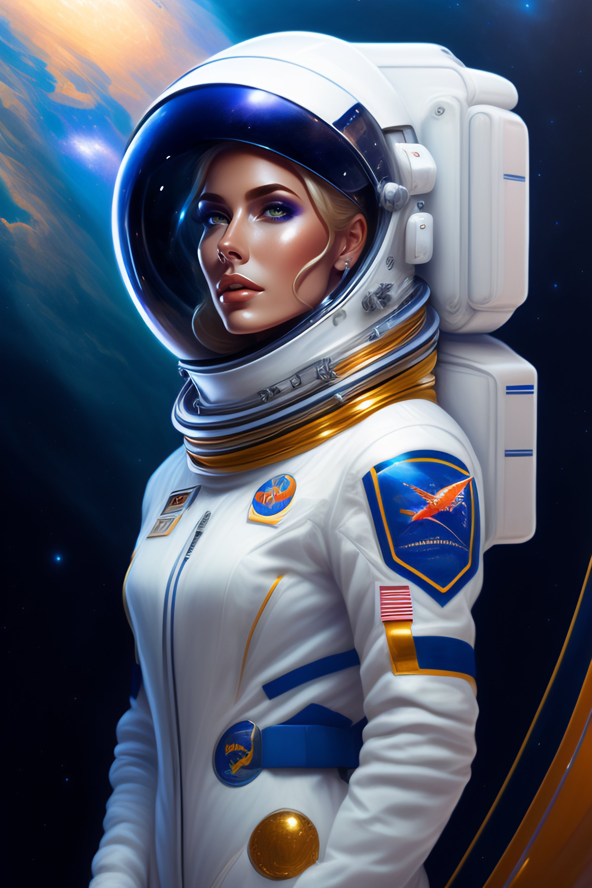 Lexica - Full length portrait of a young blonde woman as an astronaut, blue space suit ...