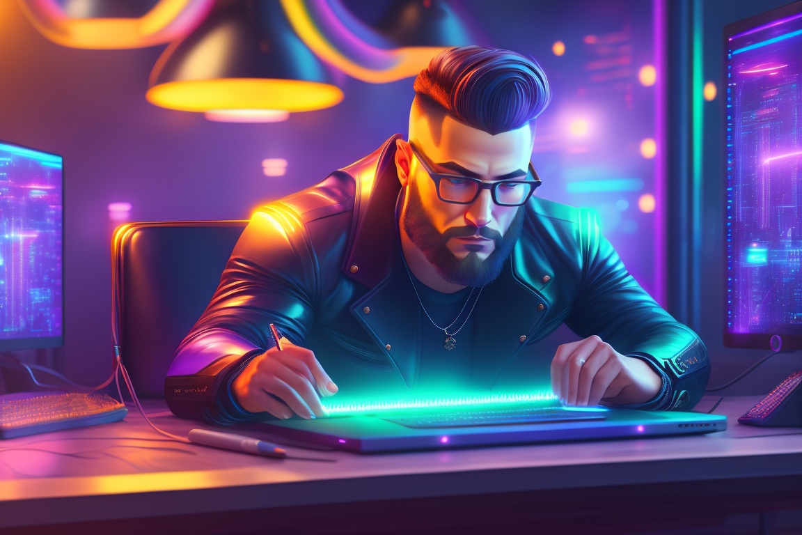 Lexica - Realistic successful man coding on a laptop in the gaming room ...