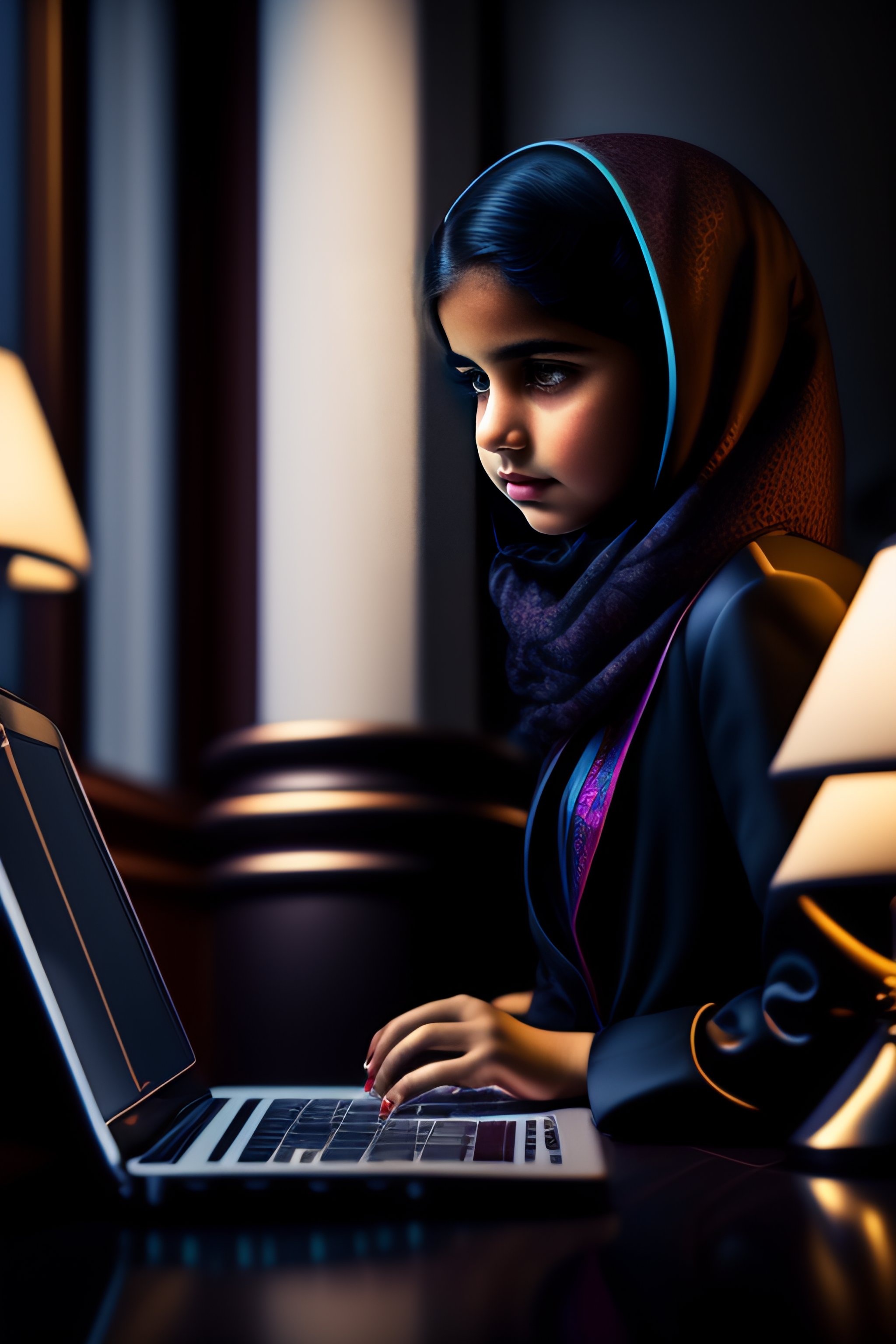 Lexica - Young Pakistani hacker using her laptop in a busy hotel lobby ...